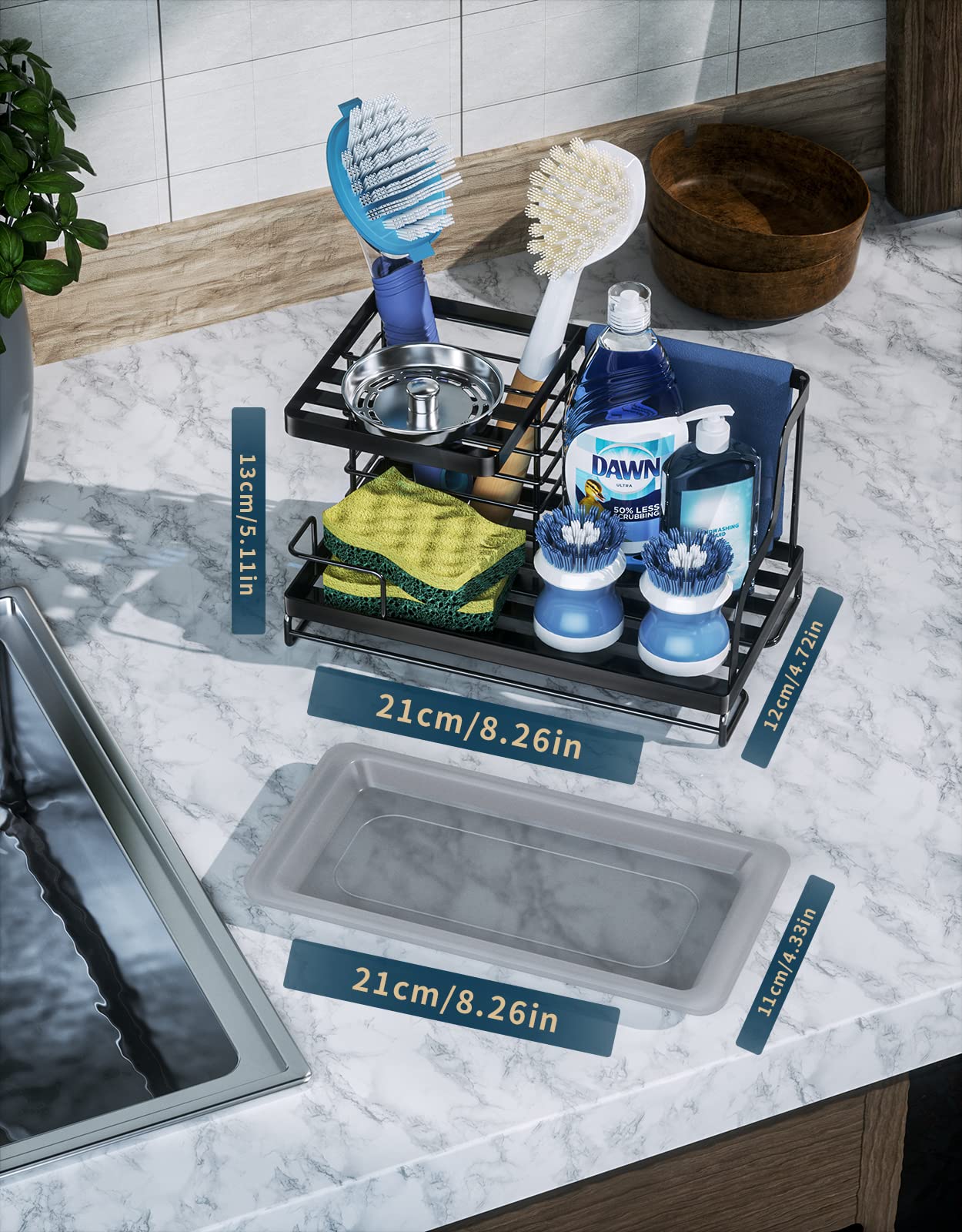 Consumest 5 in 1 Kitchen Sink Organizer with Removable Drain Tray, Quick Draining Kitchen Sink Caddy Rustproof Stainless Steel Sink Sponge Holder for Sponge, Cleaning Towel, Scrubber, Black