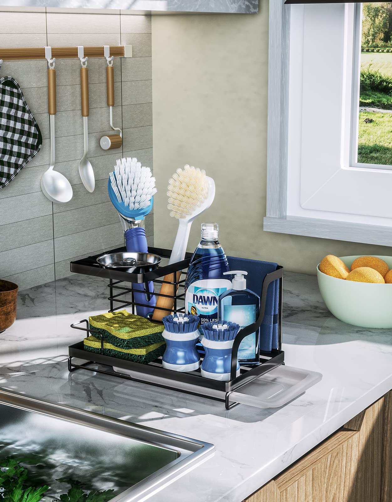 Consumest 5 in 1 Kitchen Sink Organizer with Removable Drain Tray, Quick Draining Kitchen Sink Caddy Rustproof Stainless Steel Sink Sponge Holder for Sponge, Cleaning Towel, Scrubber, Black
