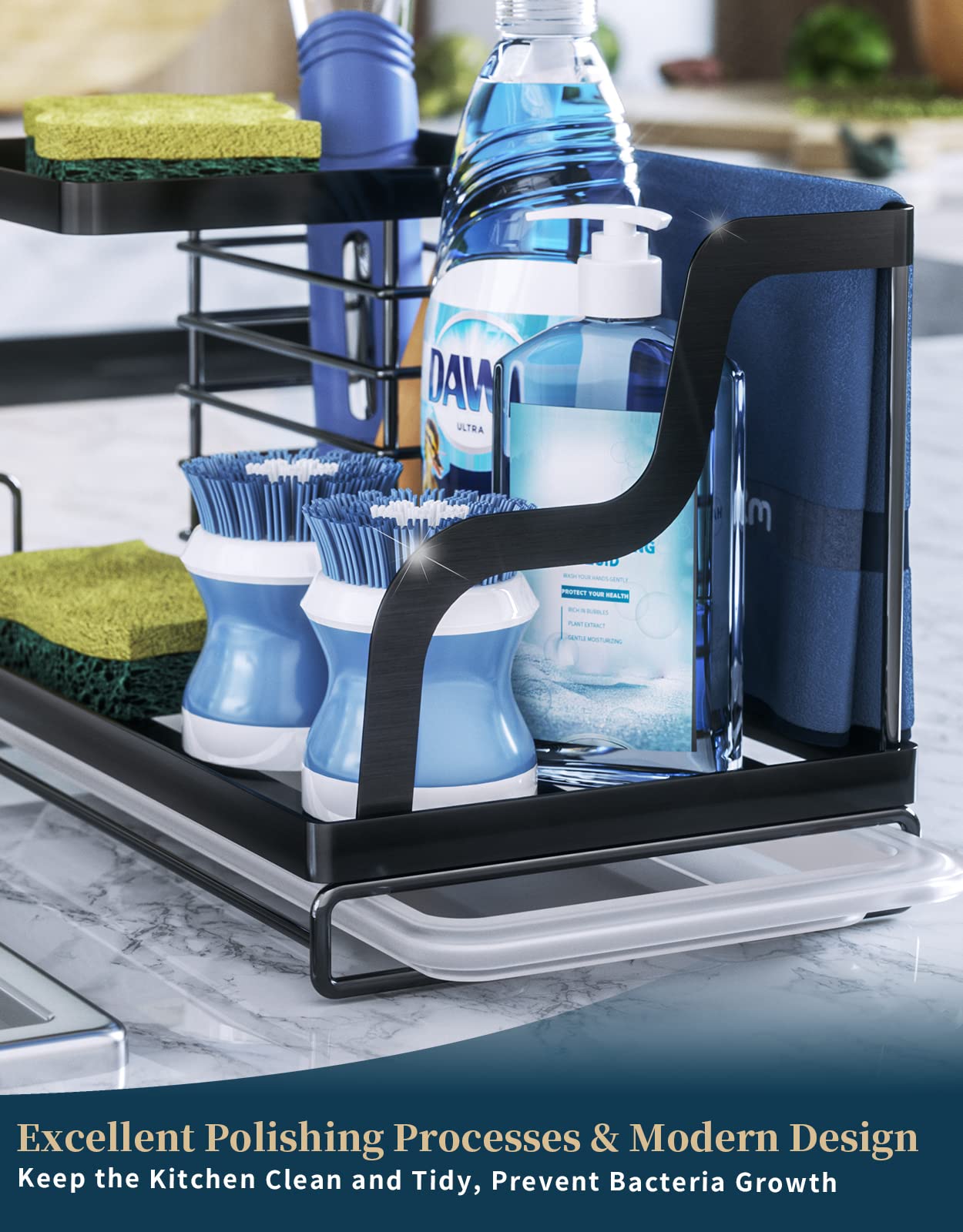 Consumest 5 in 1 Kitchen Sink Organizer with Removable Drain Tray, Quick Draining Kitchen Sink Caddy Rustproof Stainless Steel Sink Sponge Holder for Sponge, Cleaning Towel, Scrubber, Black