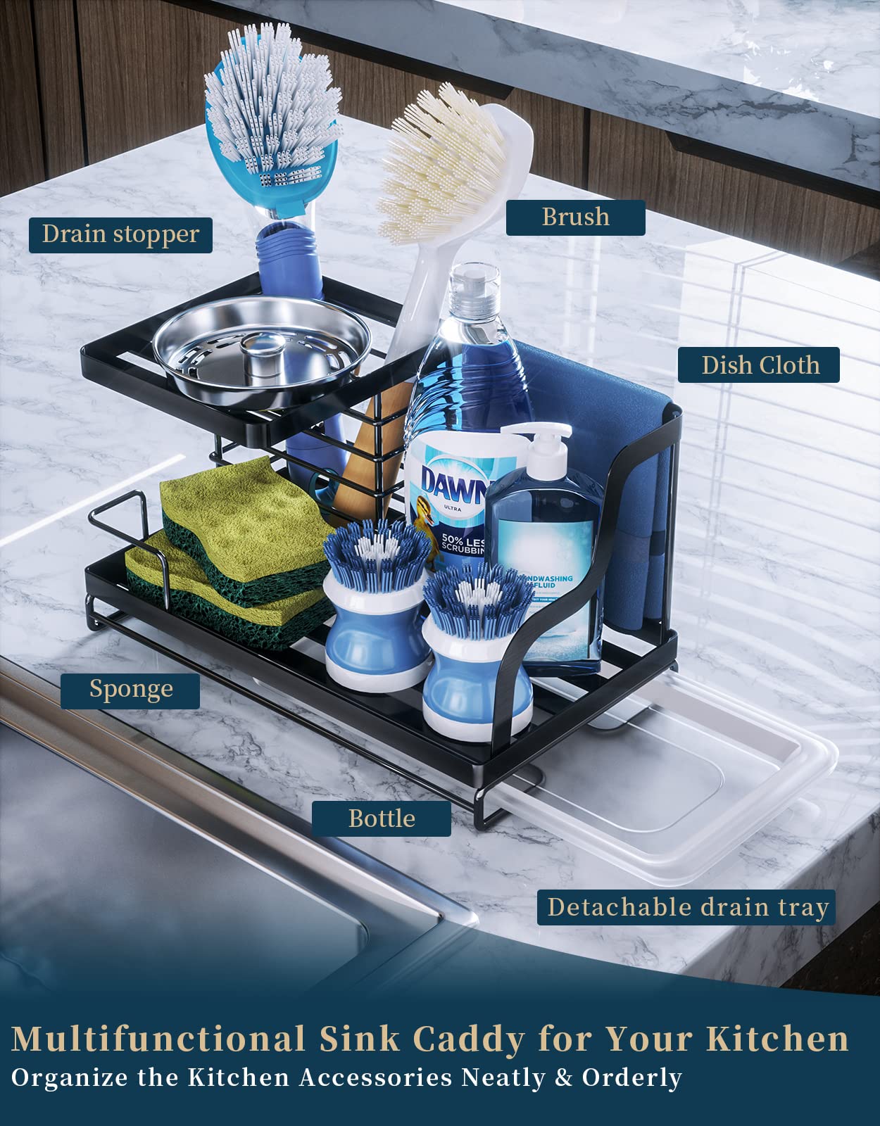 Consumest 5 in 1 Kitchen Sink Organizer with Removable Drain Tray, Quick Draining Kitchen Sink Caddy Rustproof Stainless Steel Sink Sponge Holder for Sponge, Cleaning Towel, Scrubber, Black