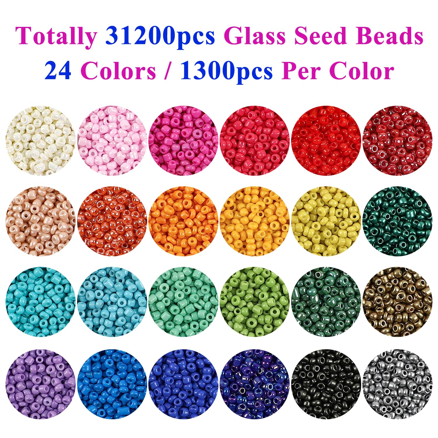 DICOBD 31200pcs 2mm Small Glass Seed Beads, 24 Color Craft Beads for Bracelets Jewelry Making and Crafts, with a Storage Box