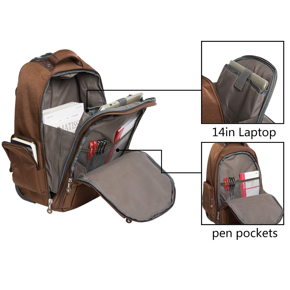 HollyHOME 19 inches Wheeled Rolling Backpack for Men and Women Business Laptop Travel Backpack Bag, Brown
