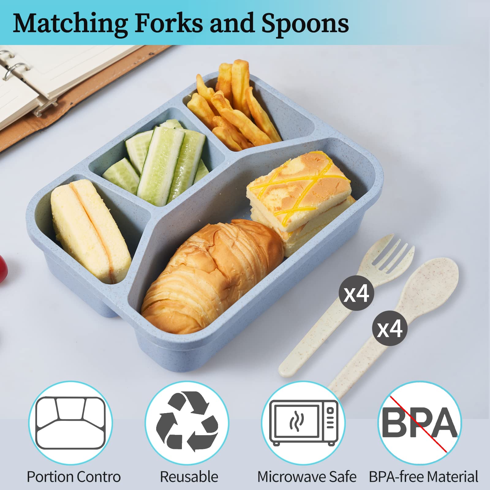 xhongz 4 Compartment Meal Prep Lunch Containers for Adults, 4 Pack Bento Lunch Box, Durable BPA Free Plastic Reusable Food Storage Containers with lid, Microwave/Dishwasher Safe