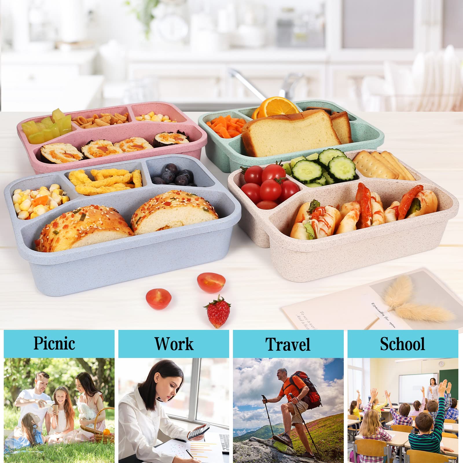 xhongz 4 Compartment Meal Prep Lunch Containers for Adults, 4 Pack Bento Lunch Box, Durable BPA Free Plastic Reusable Food Storage Containers with lid, Microwave/Dishwasher Safe