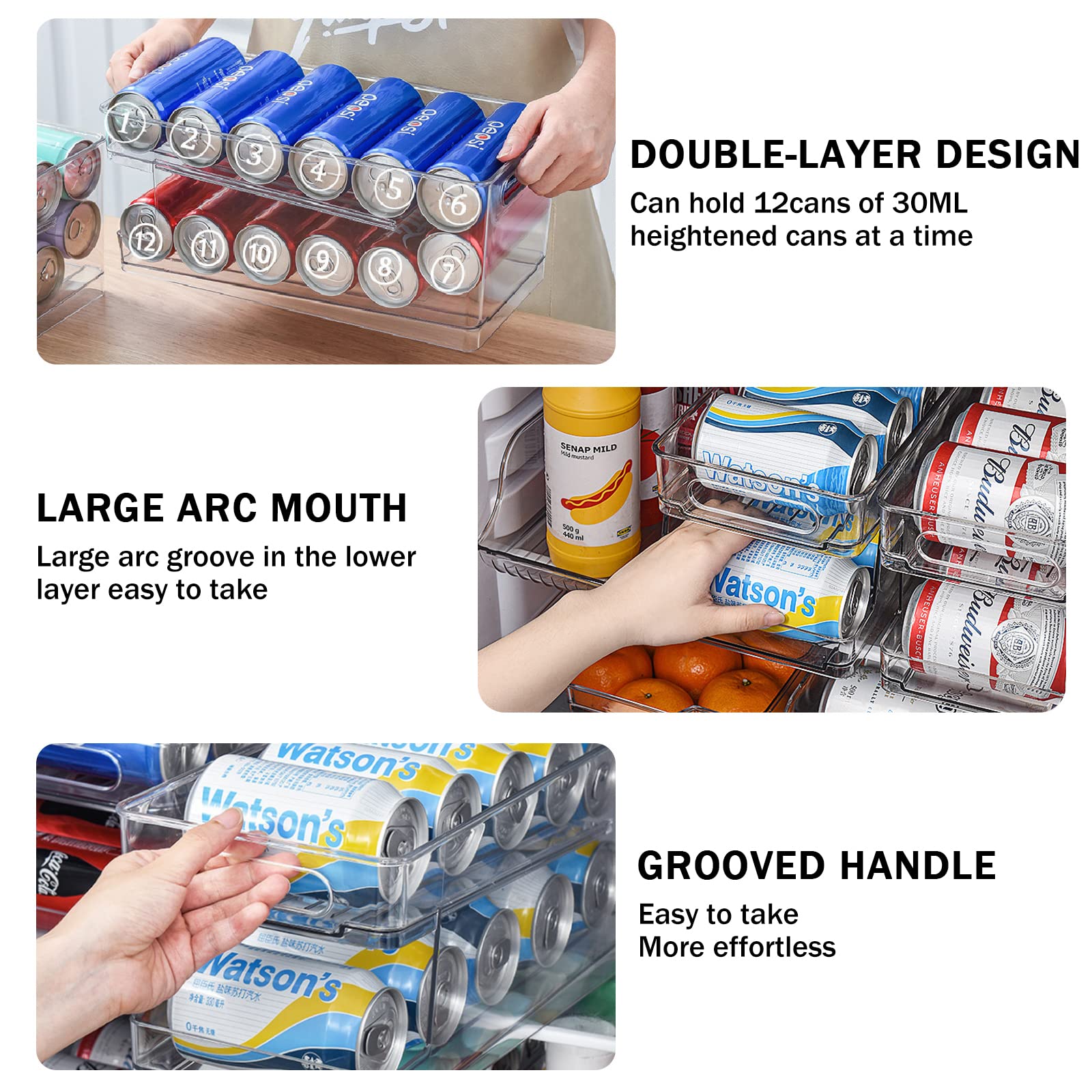 Automatic Rolling Can Dispenser, 2-Tier Soda Can Storage Organizer for Refrigerator, Drink Can Organizer for Fridge, Refrigerated Drawer with Handle for Freezer Kitchen Pantry (Plastic)