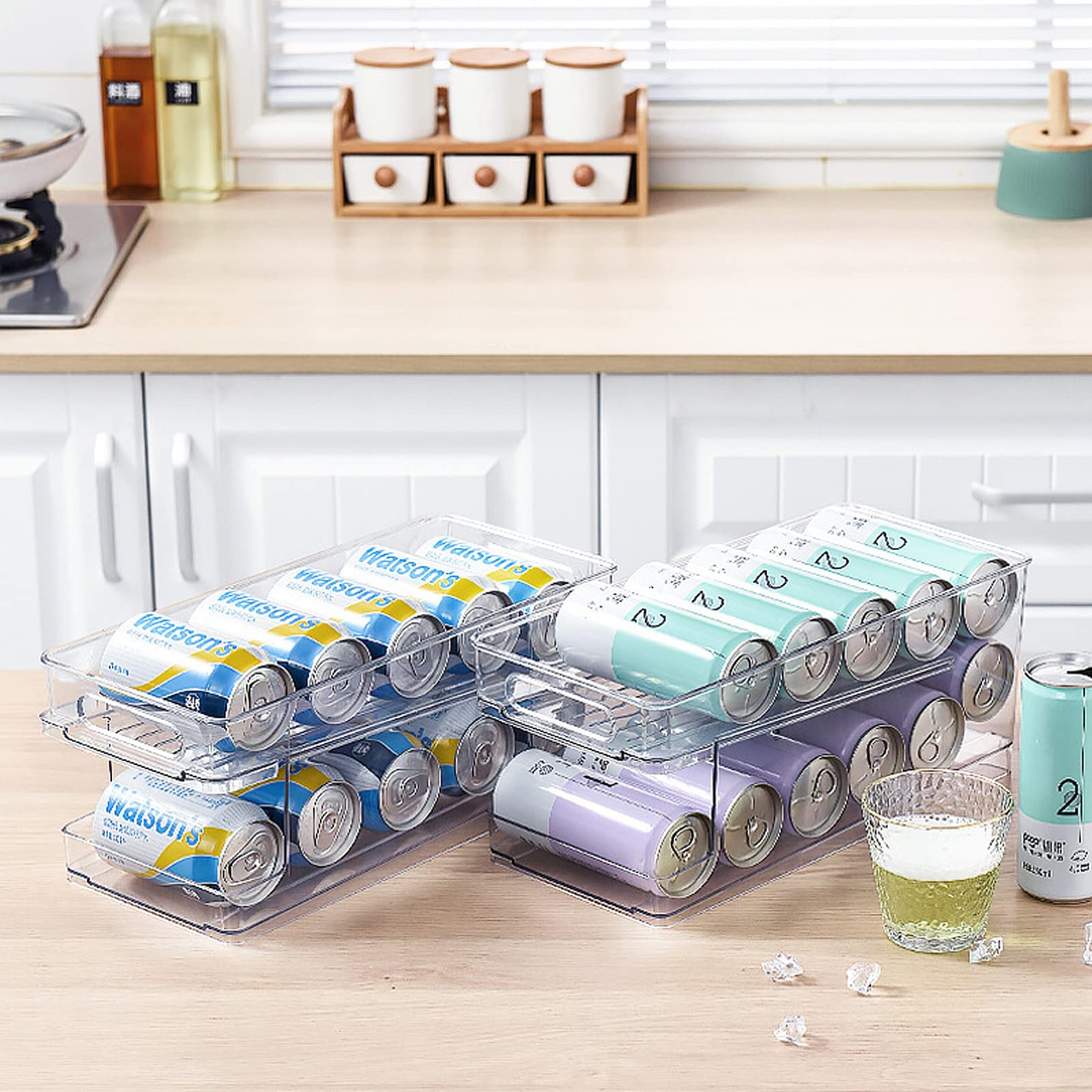 Automatic Rolling Can Dispenser, 2-Tier Soda Can Storage Organizer for Refrigerator, Drink Can Organizer for Fridge, Refrigerated Drawer with Handle for Freezer Kitchen Pantry (Plastic)
