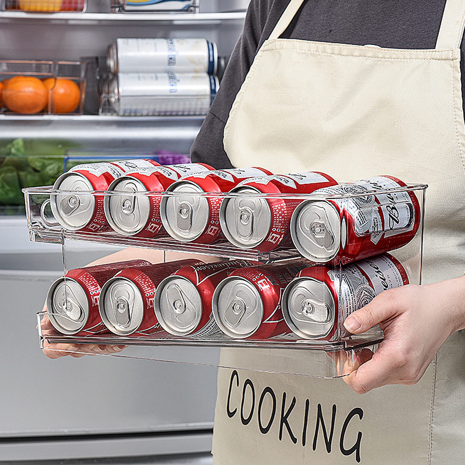 Automatic Rolling Can Dispenser, 2-Tier Soda Can Storage Organizer for Refrigerator, Drink Can Organizer for Fridge, Refrigerated Drawer with Handle for Freezer Kitchen Pantry (Plastic)