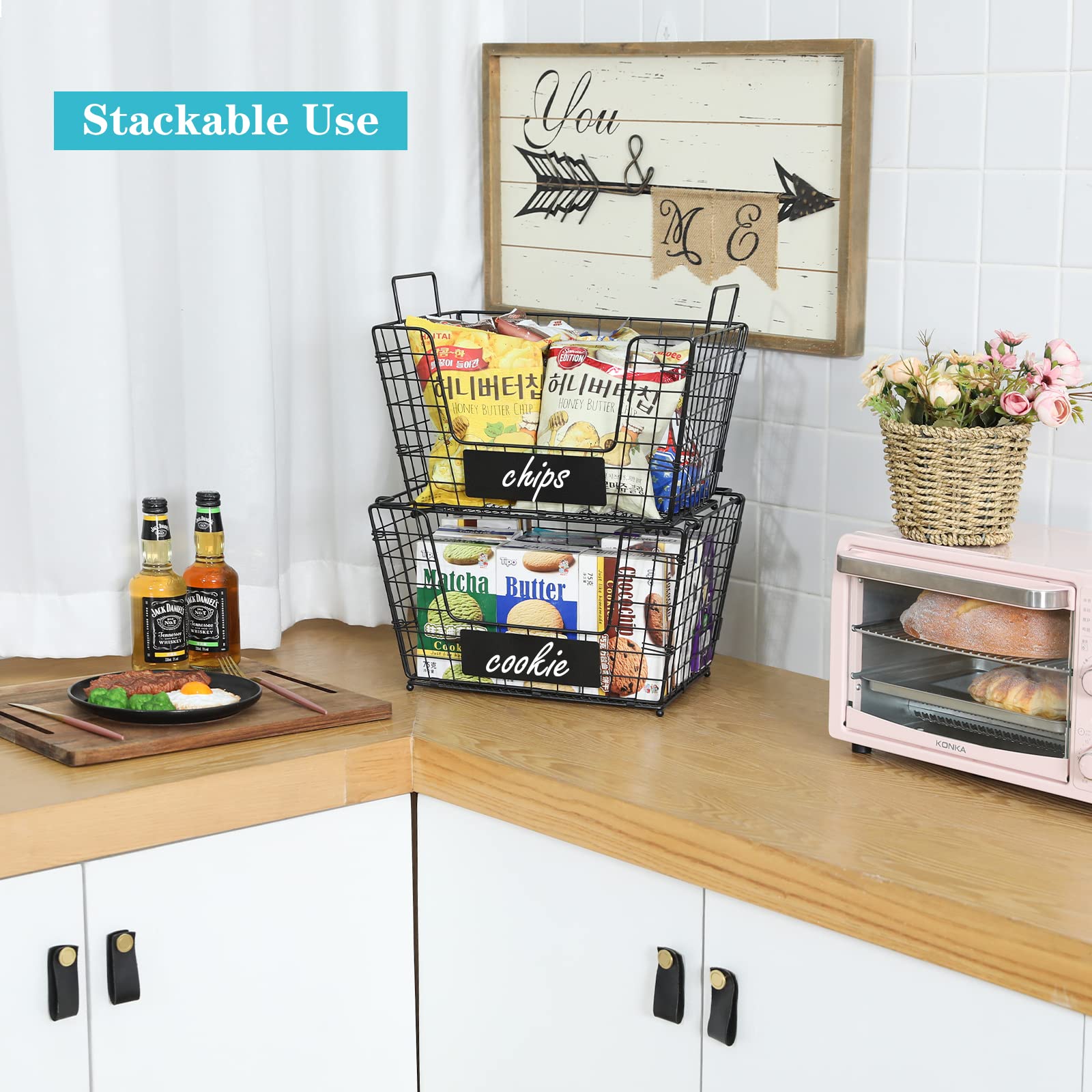2 Stackable Wire Storage Baskets with Wood Lid and Chalkboards - Kitchen Countertop Organizer for Fruit Vegetable(Onion, Potato) Food Produce - Metal Bin for Pantry Organization and Storage, Black