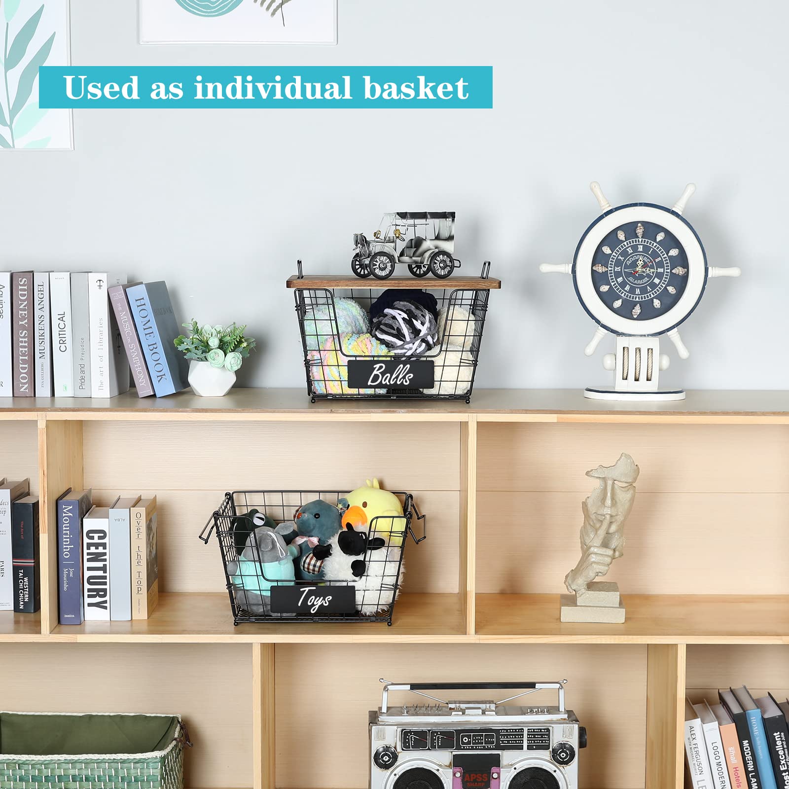 2 Stackable Wire Storage Baskets with Wood Lid and Chalkboards - Kitchen Countertop Organizer for Fruit Vegetable(Onion, Potato) Food Produce - Metal Bin for Pantry Organization and Storage, Black