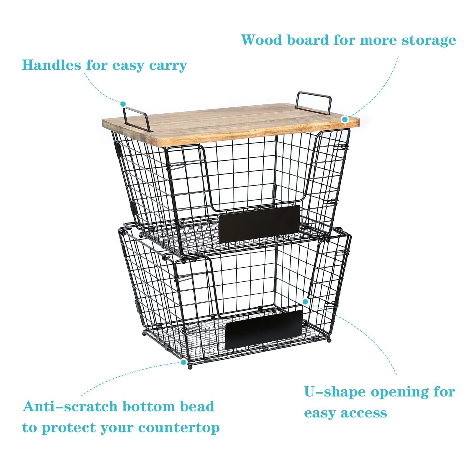 2 Stackable Wire Storage Baskets with Wood Lid and Chalkboards - Kitchen Countertop Organizer for Fruit Vegetable(Onion, Potato) Food Produce - Metal Bin for Pantry Organization and Storage, Black