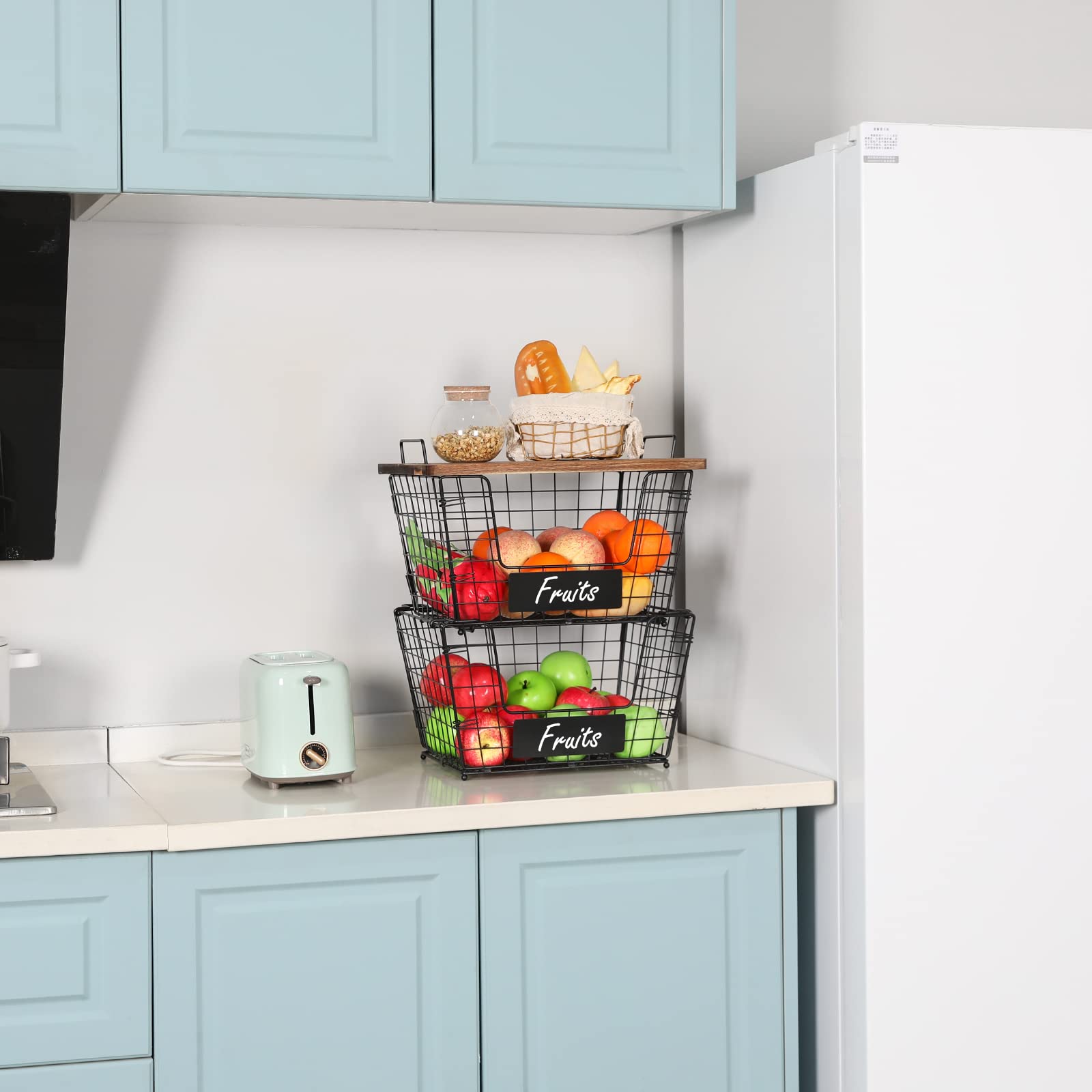2 Stackable Wire Storage Baskets with Wood Lid and Chalkboards - Kitchen Countertop Organizer for Fruit Vegetable(Onion, Potato) Food Produce - Metal Bin for Pantry Organization and Storage, Black