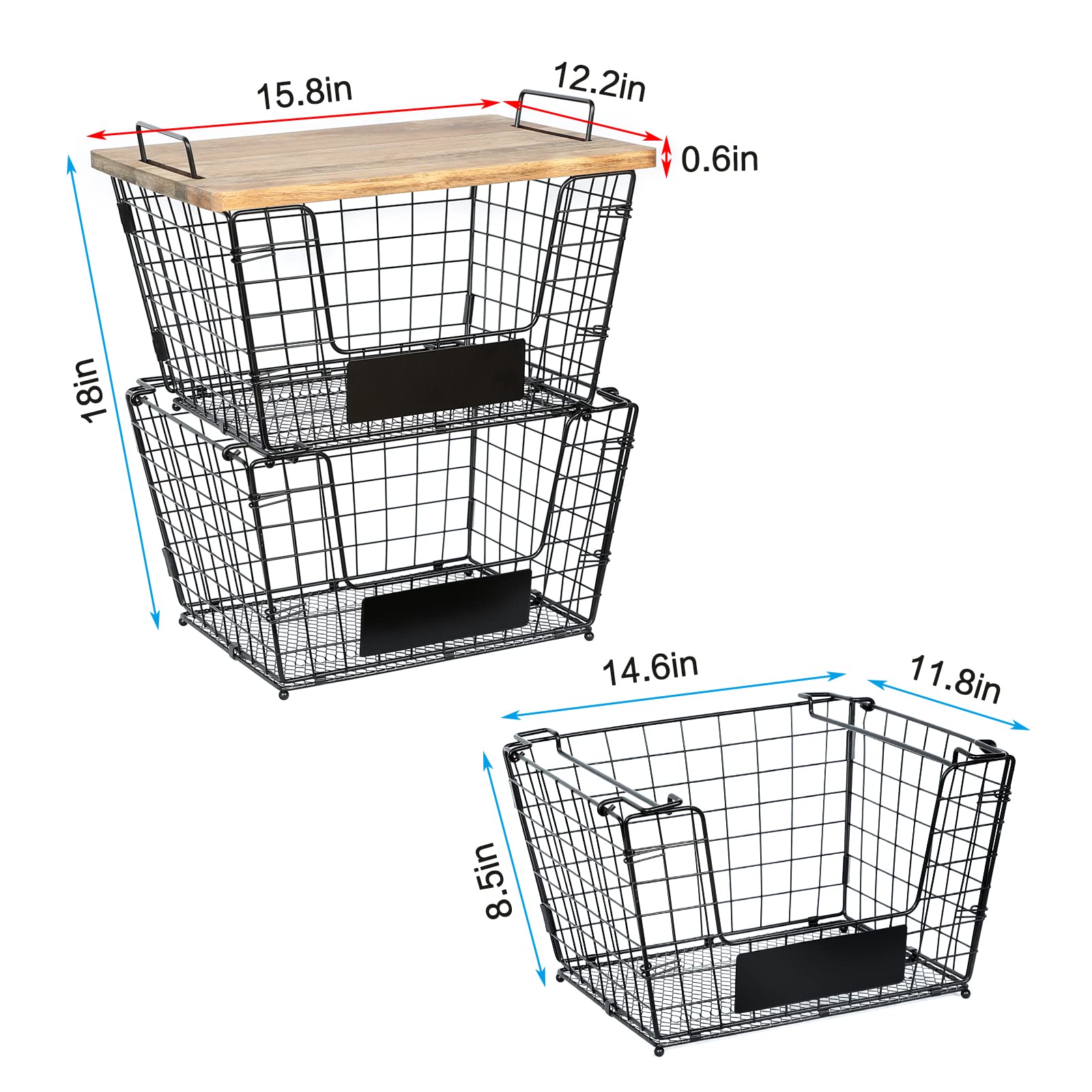 2 Stackable Wire Storage Baskets with Wood Lid and Chalkboards - Kitchen Countertop Organizer for Fruit Vegetable(Onion, Potato) Food Produce - Metal Bin for Pantry Organization and Storage, Black