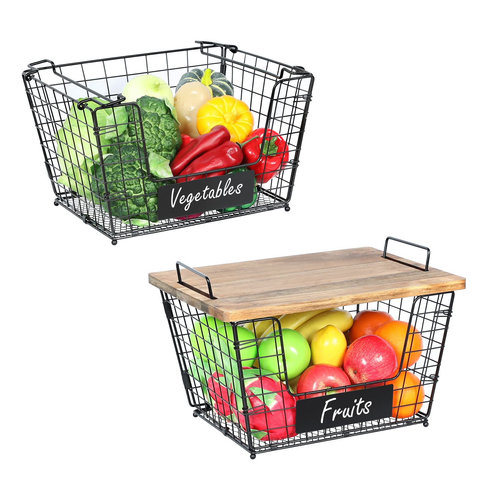 2 Stackable Wire Storage Baskets with Wood Lid and Chalkboards - Kitchen Countertop Organizer for Fruit Vegetable(Onion, Potato) Food Produce - Metal Bin for Pantry Organization and Storage, Black
