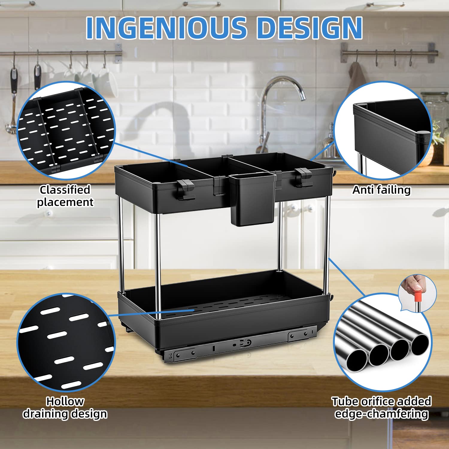 G-TING Under Sink Organizer, 2-Tier Under Sliding Cabinet Basket Organizer with Hooks, Hanging Cup, Dividers, Multifunctional Pull Out Cabinet Organizer for Kitchen, Bathroom(Black)