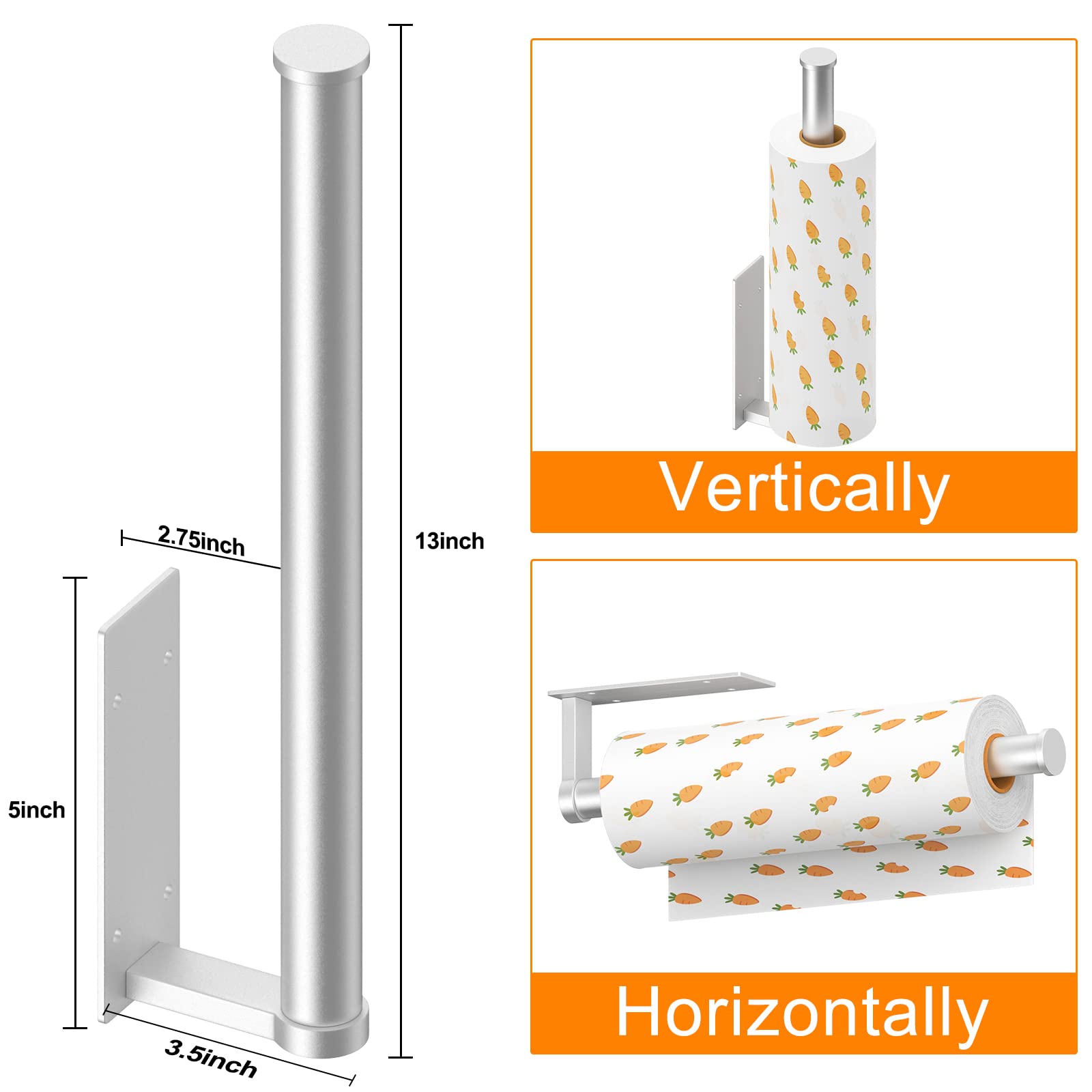Paper Towel Holder Wall Mount, KeeGan 13 Inch Black Paper Towel Holder Self Adhesive Paper Towel Holder Under Cabinet with Screws, Vertically or Horizontally (Silver)