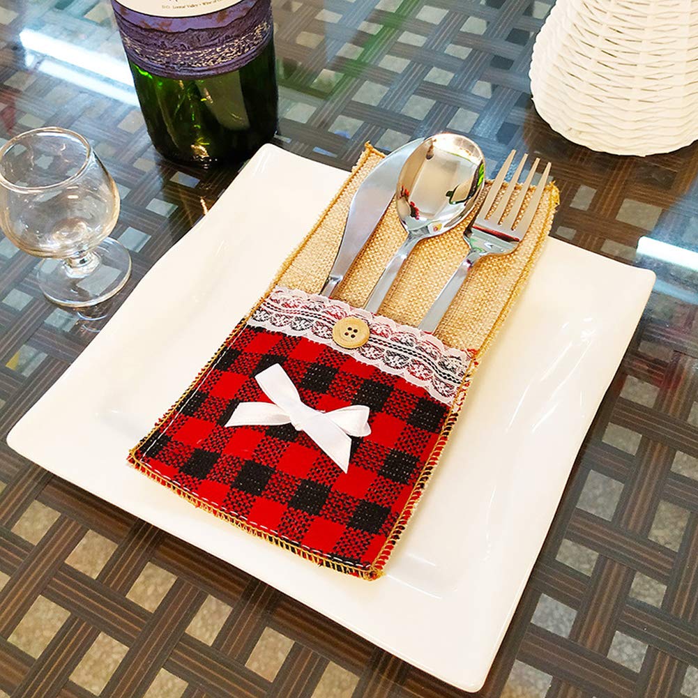 LXKBD Natural Burlap Cutlery Holder Pouch Bag, 20 Packs 4.3x8 Inch Lace Knifes Forks Napkin Utensil Silverware Holders for Christmas Wedding Party Table Decoration