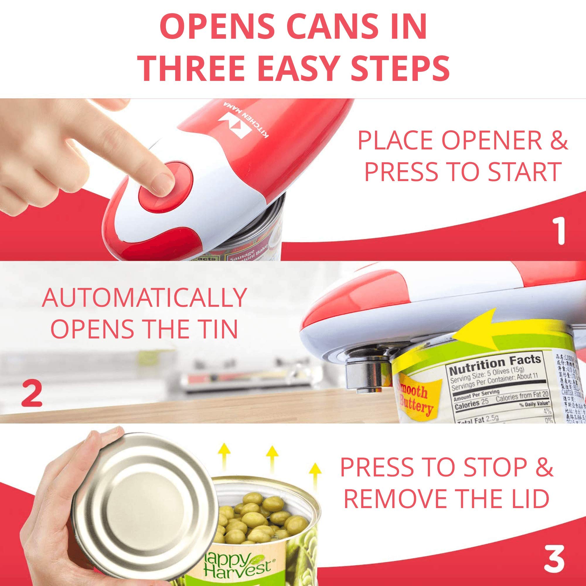 Kitchen Mama Electric Can Opener: Open Your Cans with A Simple Push of Button - Smooth Edge, Food-Safe and Battery Operated Handheld Can Opener(Red)