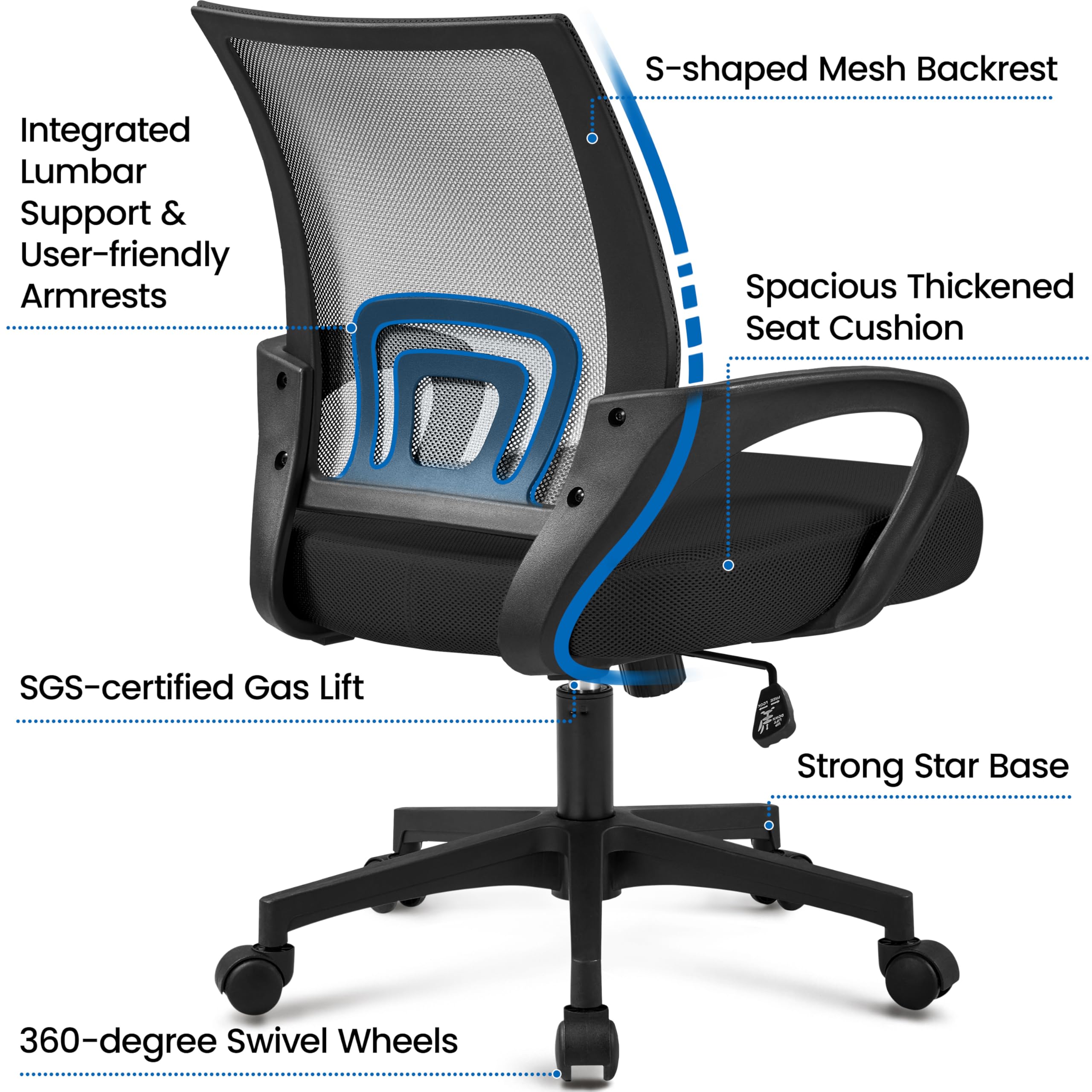 Yaheetech Office Chair Ergonomic Computer Chair Mid Back Adjustable Desk Chair with Lumbar Support Armrest, Swivel Mesh Task Gaming Chair for Home Office Study, Black