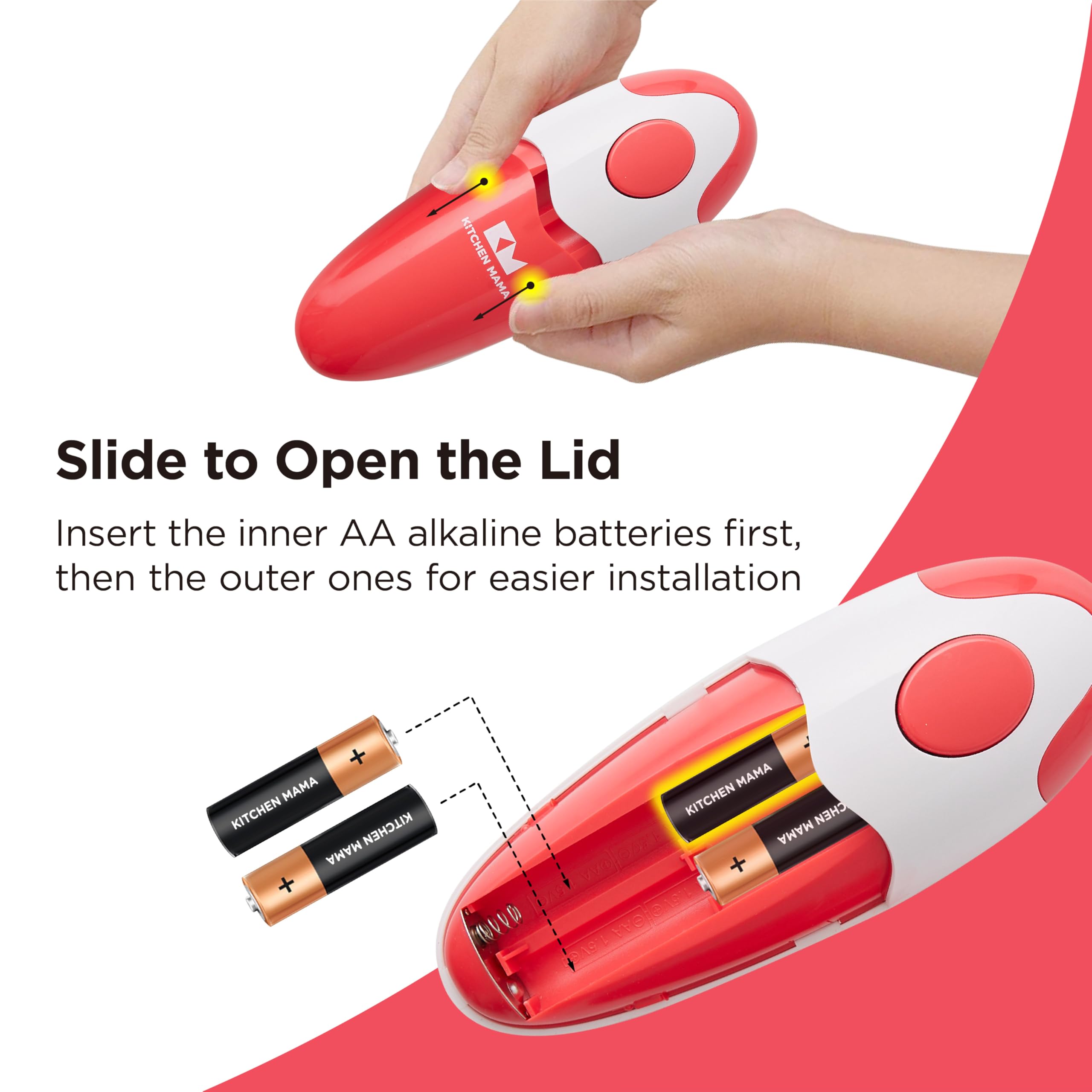 Kitchen Mama Electric Can Opener: Open Your Cans with A Simple Push of Button - Smooth Edge, Food-Safe and Battery Operated Handheld Can Opener(Red)