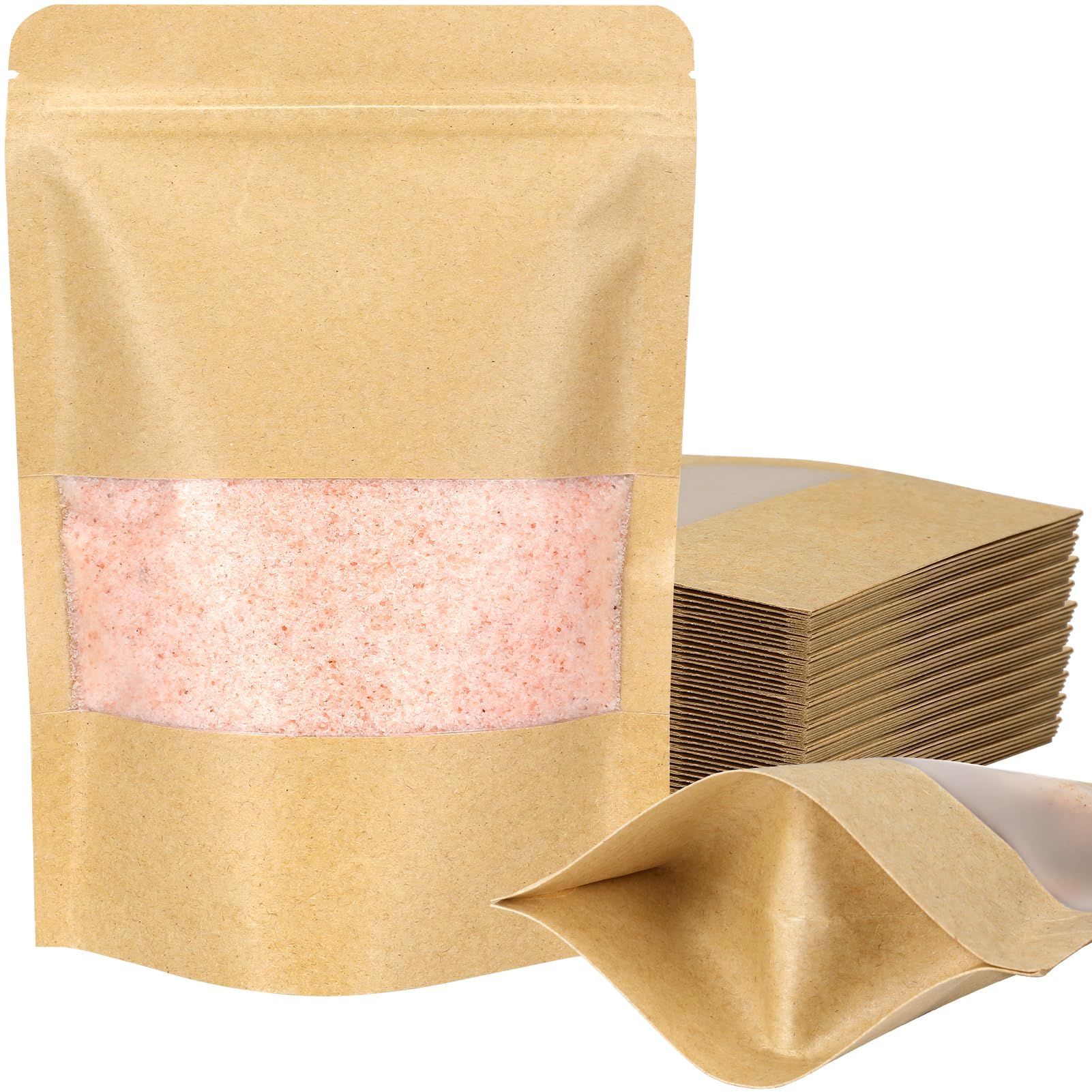 Stand Up Pouch Bags, 100 Pack Kraft Pouch with Tear Notch and Matte Window, Resealable Zip Lock Food Storage Bag (5.5IN X 7.9IN)