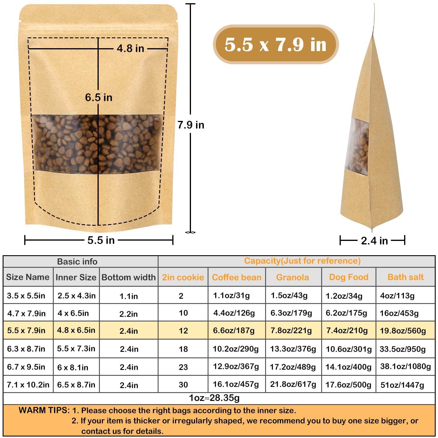 Stand Up Pouch Bags, 100 Pack Kraft Pouch with Tear Notch and Matte Window, Resealable Zip Lock Food Storage Bag (5.5IN X 7.9IN)