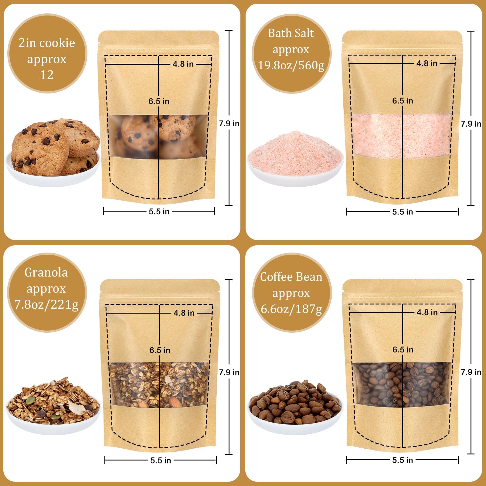 Stand Up Pouch Bags, 100 Pack Kraft Pouch with Tear Notch and Matte Window, Resealable Zip Lock Food Storage Bag (5.5IN X 7.9IN)