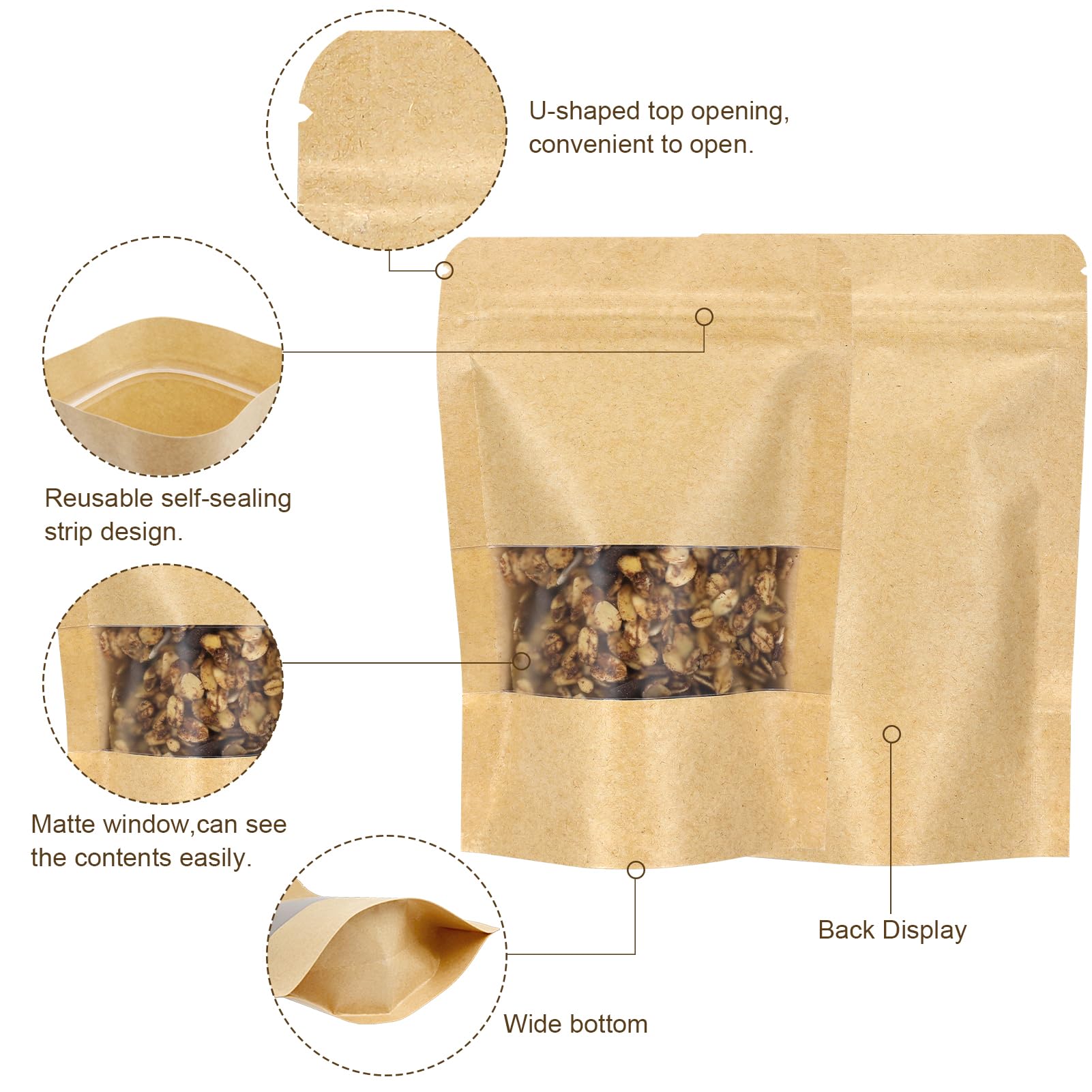 Stand Up Pouch Bags, 100 Pack Kraft Pouch with Tear Notch and Matte Window, Resealable Zip Lock Food Storage Bag (5.5IN X 7.9IN)