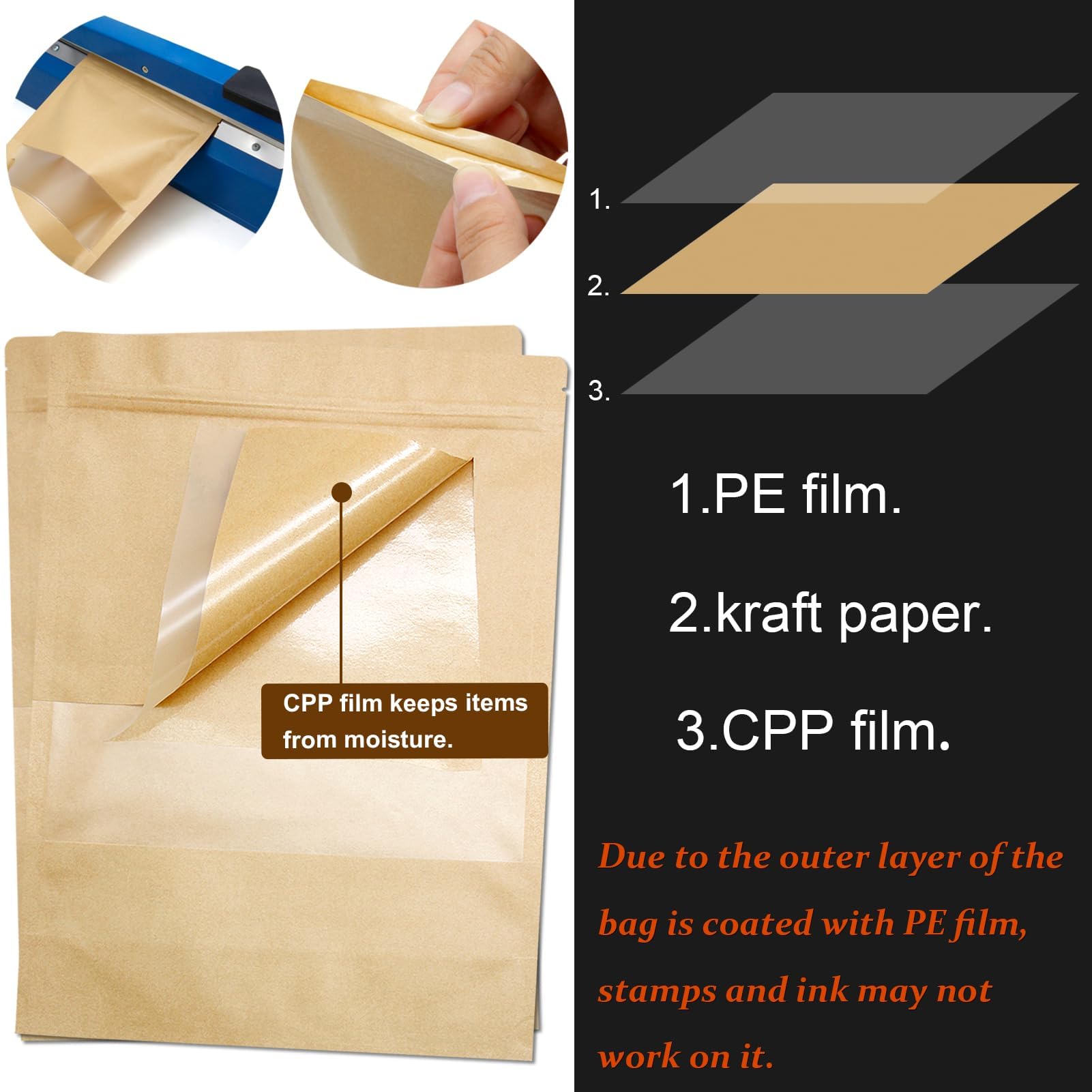 Stand Up Pouch Bags, 100 Pack Kraft Pouch with Tear Notch and Matte Window, Resealable Zip Lock Food Storage Bag (5.5IN X 7.9IN)