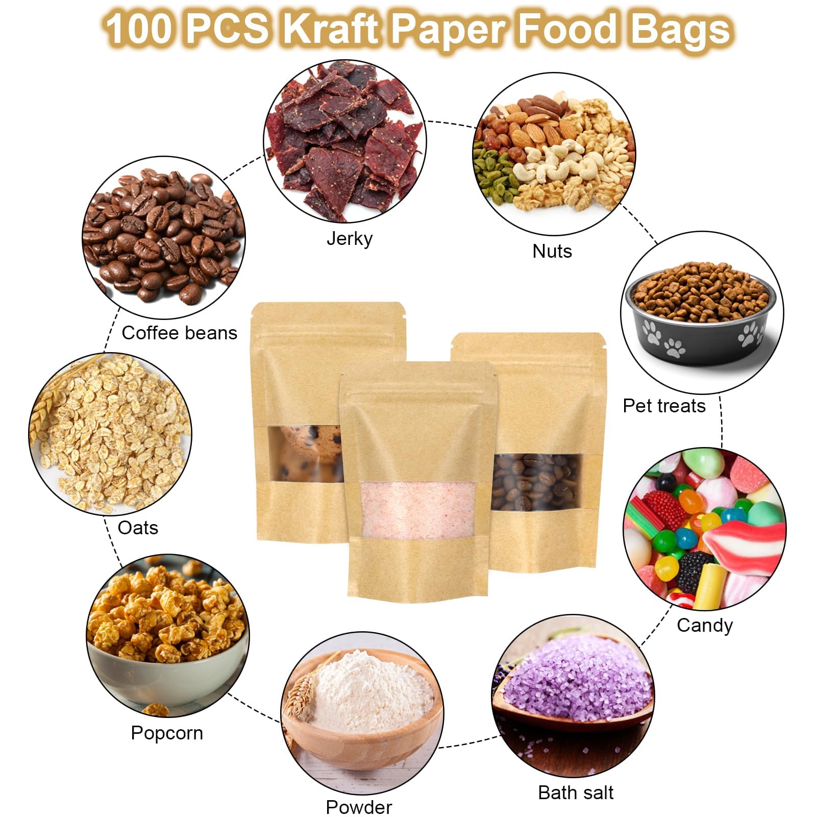 Stand Up Pouch Bags, 100 Pack Kraft Pouch with Tear Notch and Matte Window, Resealable Zip Lock Food Storage Bag (5.5IN X 7.9IN)