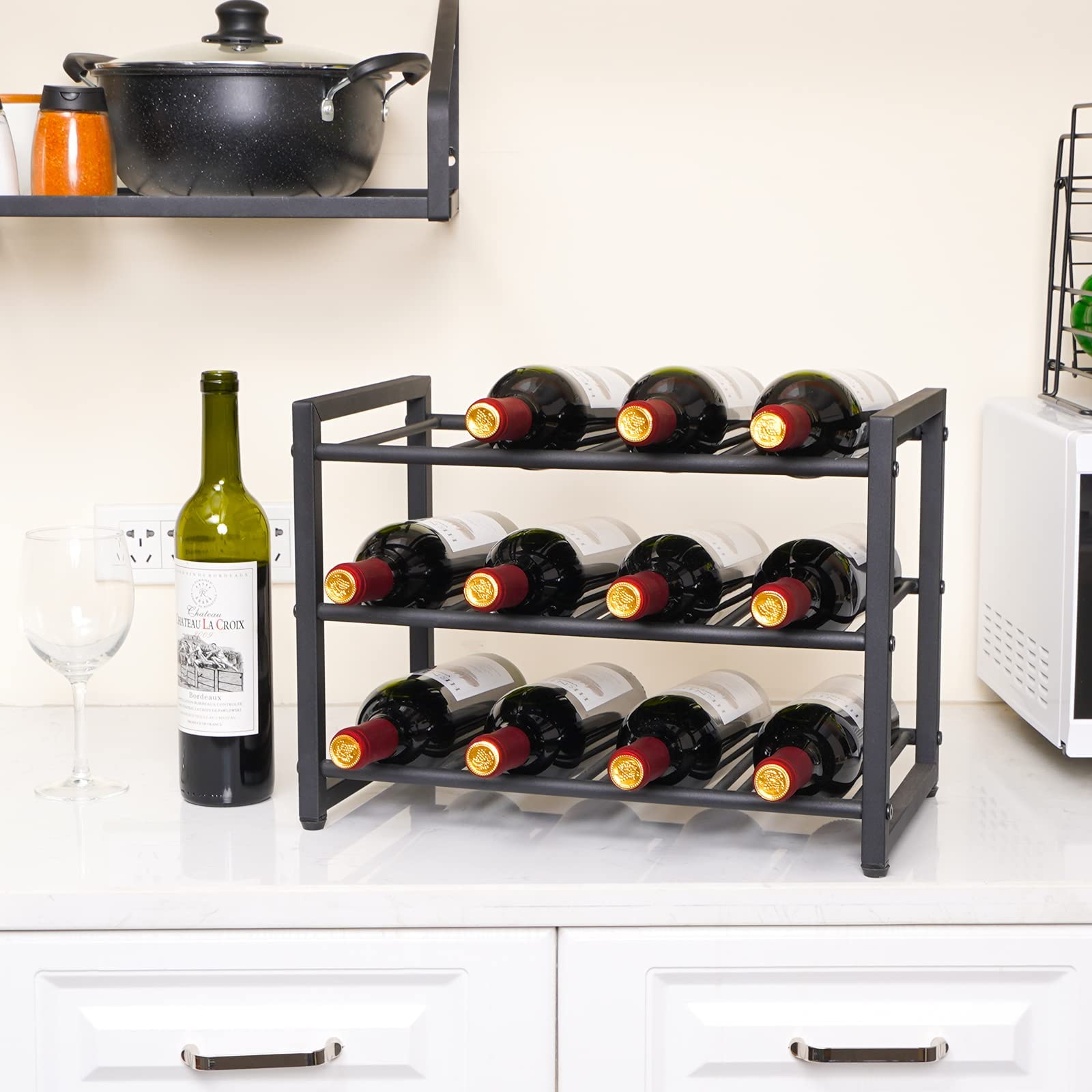 Honiter 12 Bottle Wine Rack Countertop, Storage Wine Rack Freestanding Floor, Display Storage Wine Rack, Industrial Metal Wine Shelf Organizer for Cabinet Tabletop Bar Cellar, Black