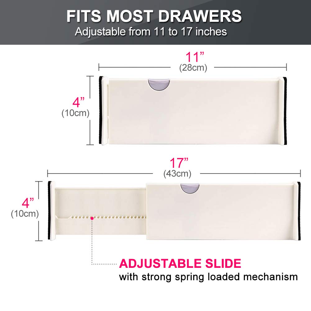 Drawer Dividers Organizer 5 Pack, Adjustable Separators 4" High Expandable from 11-17" for Bedroom, Bathroom, Closet,Clothing, Office, Kitchen Storage, Strong Secure Hold, Foam Ends, Locks in Place