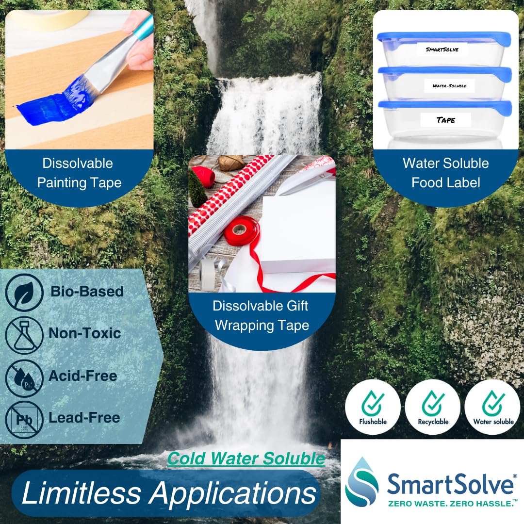 SmartSolve Water-Soluble Tape | 1” x 30 Yards | Dissolves Quickly in Water | Self Adhesive | Mask for Hydrographics & Double Dipping | Crafts & Labels | Biodegradable | Eco-Friendly