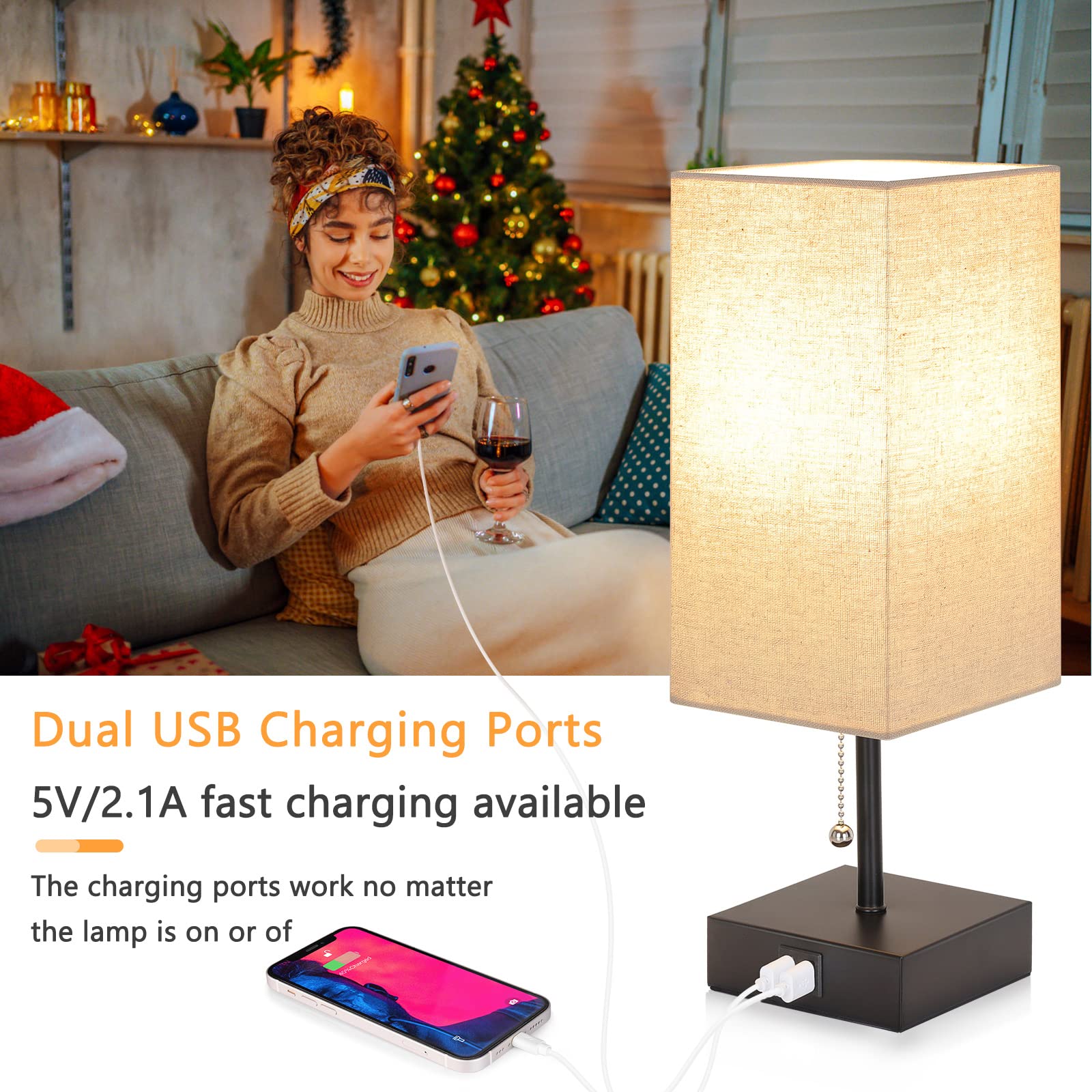 GGOYING Bedside Table Lamp, Pull Chain Table Lamp with 2 USB Charging Ports, 2700K LED Bulb, Fabric Linen Lampshade, Nightstand Lamp for Livingroom Bedroom Office Reading Working