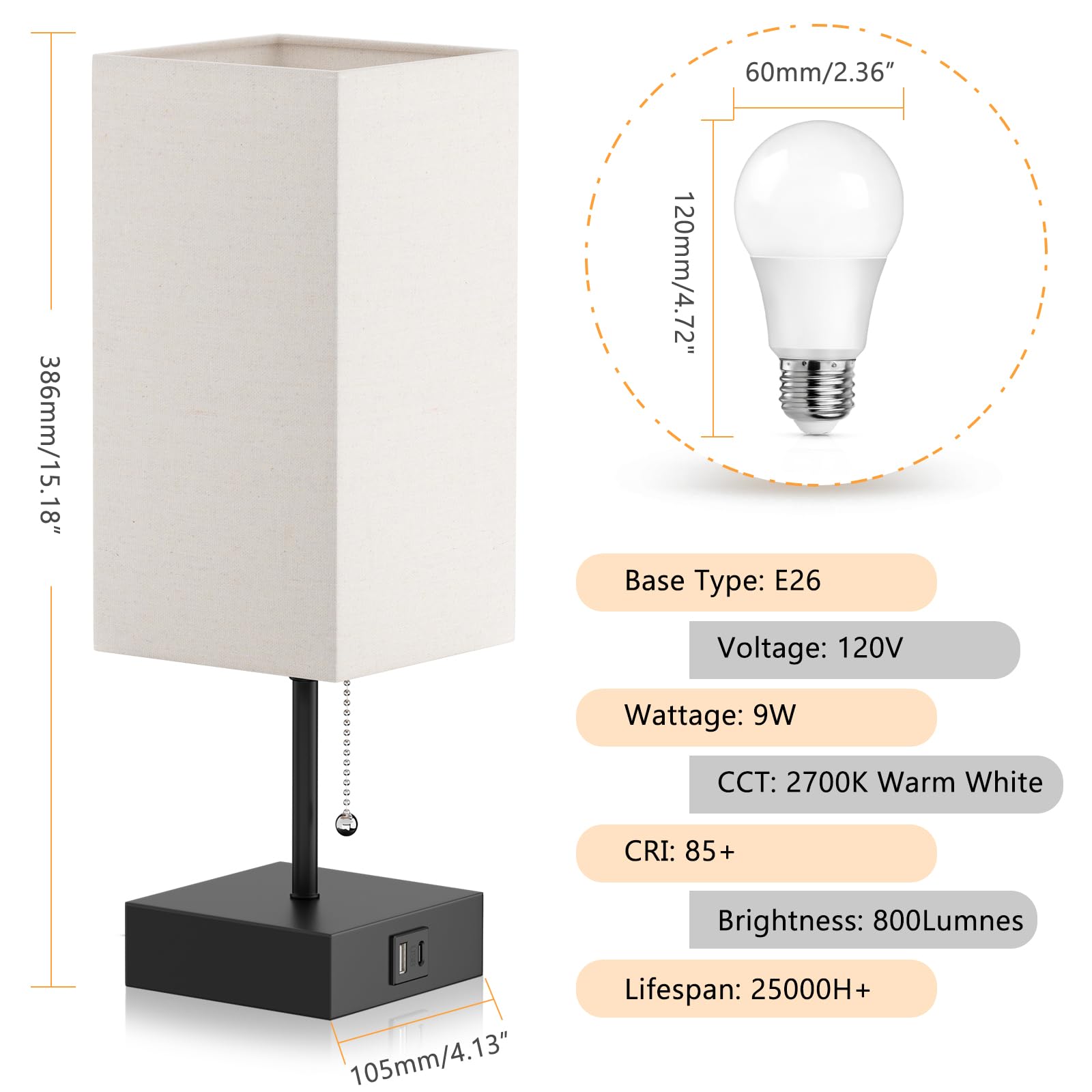 GGOYING Bedside Table Lamp, Pull Chain Table Lamp with 2 USB Charging Ports, 2700K LED Bulb, Fabric Linen Lampshade, Nightstand Lamp for Livingroom Bedroom Office Reading Working