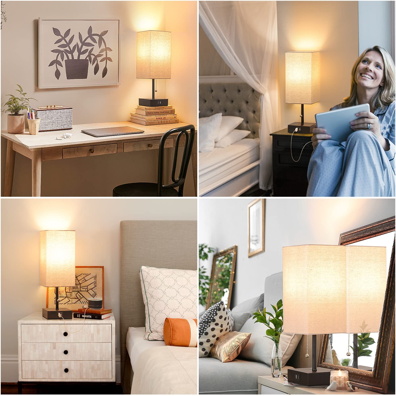 GGOYING Bedside Table Lamp, Pull Chain Table Lamp with 2 USB Charging Ports, 2700K LED Bulb, Fabric Linen Lampshade, Nightstand Lamp for Livingroom Bedroom Office Reading Working
