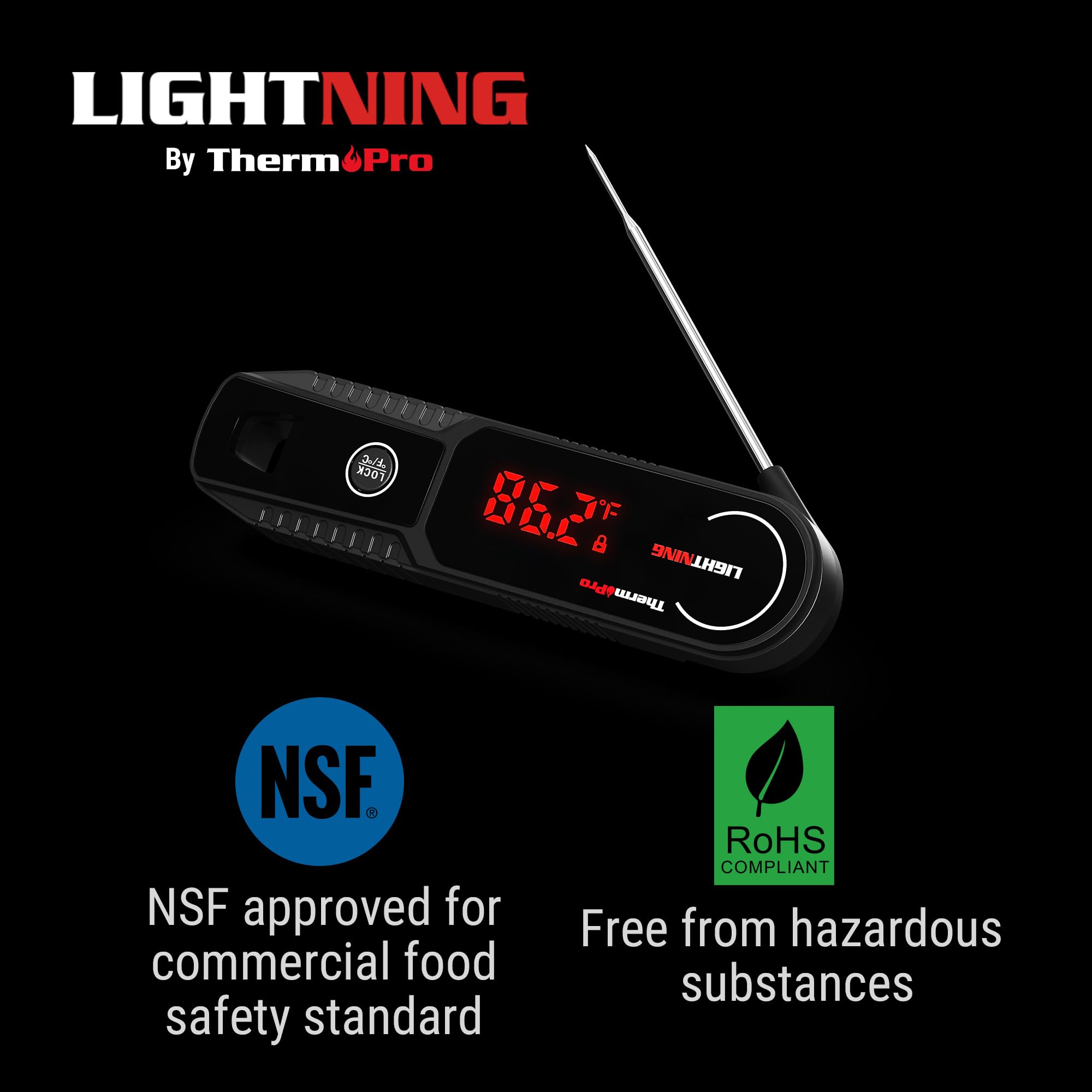 ThermoPro Lightning One-Second Instant Read Meat Thermometer, Calibratable Kitchen Food Thermometer with Ambidextrous Display, Waterproof Cooking Thermometer for Oil Deep Fry Smoker BBQ Grill