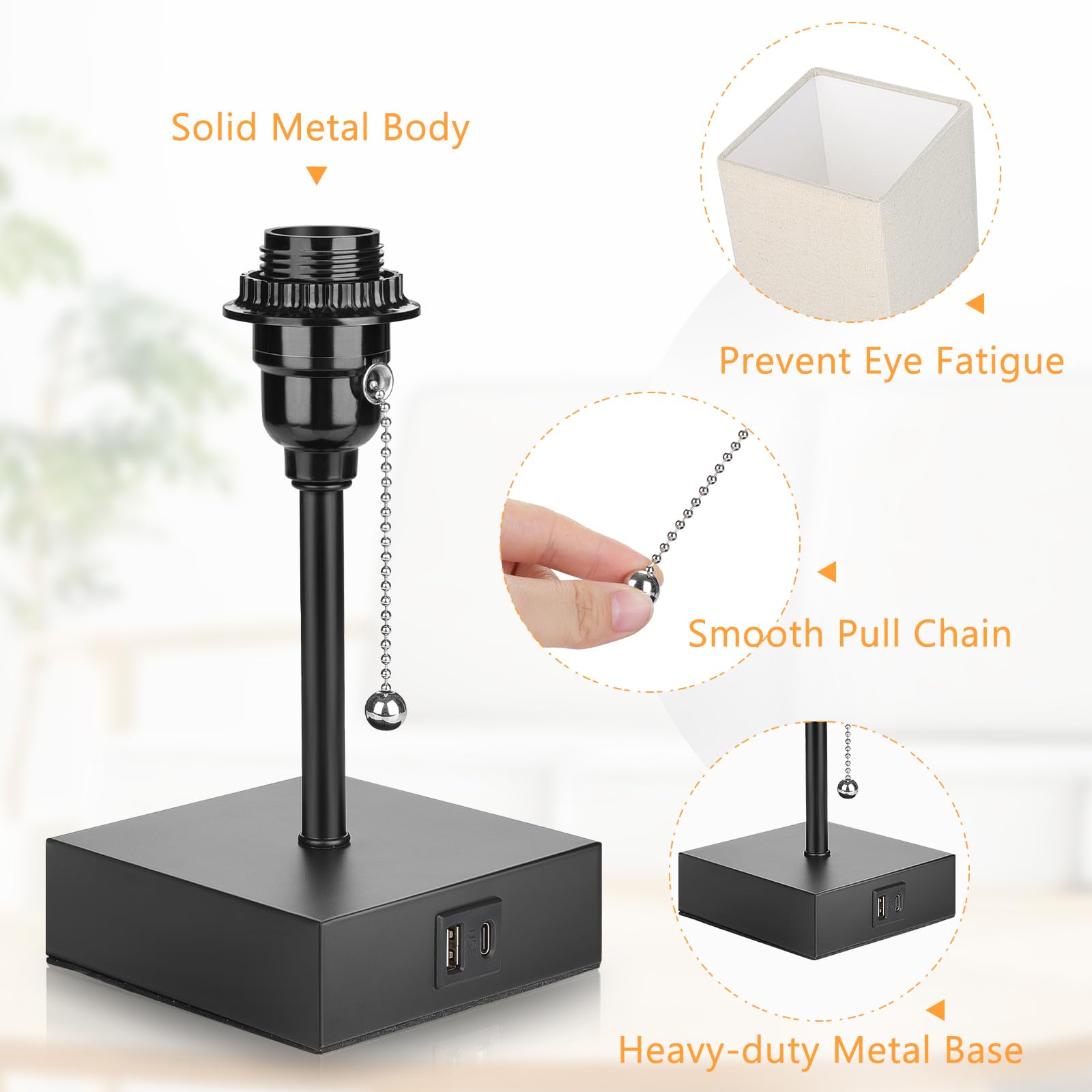 GGOYING Bedside Table Lamp, Pull Chain Table Lamp with 2 USB Charging Ports, 2700K LED Bulb, Fabric Linen Lampshade, Nightstand Lamp for Livingroom Bedroom Office Reading Working