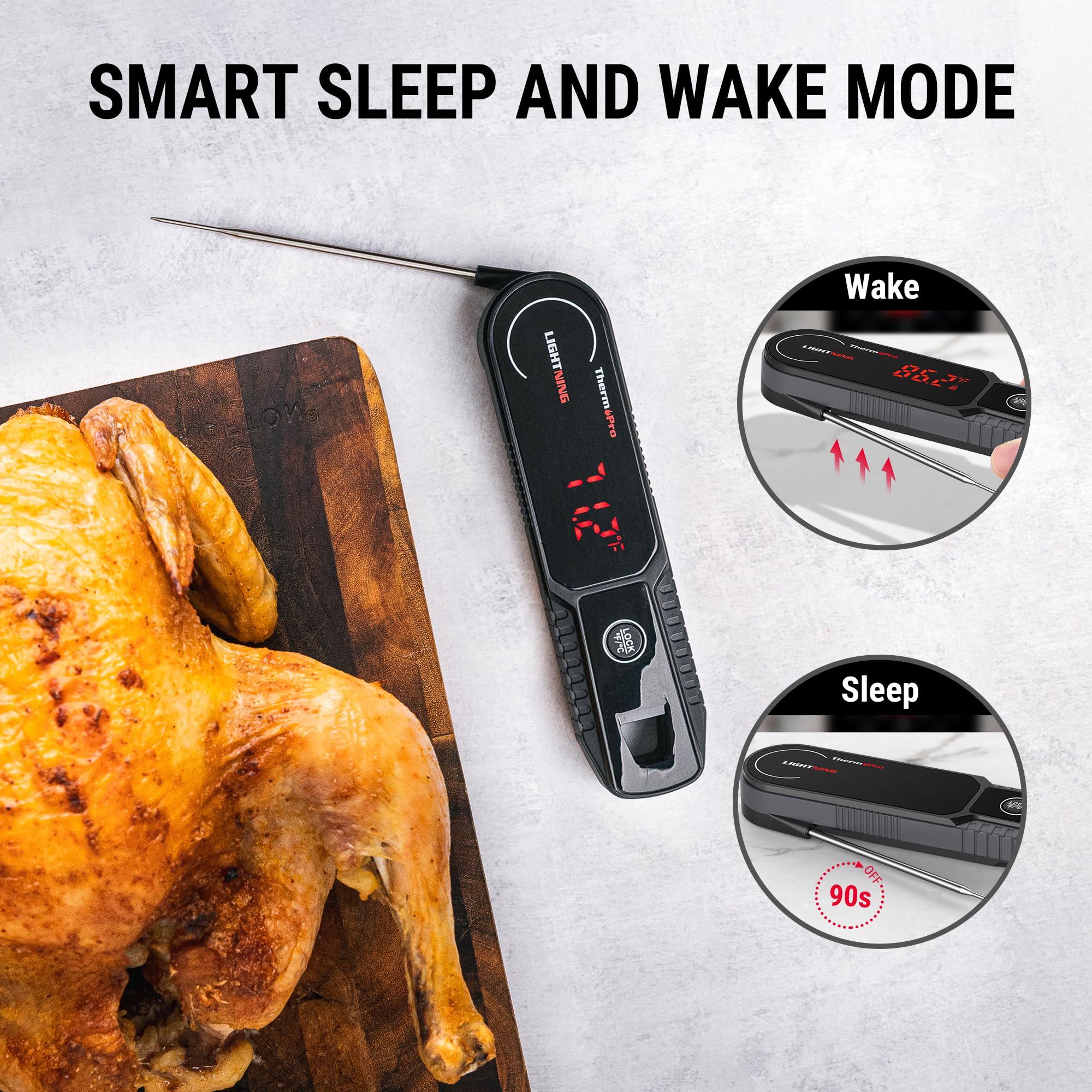 ThermoPro Lightning One-Second Instant Read Meat Thermometer, Calibratable Kitchen Food Thermometer with Ambidextrous Display, Waterproof Cooking Thermometer for Oil Deep Fry Smoker BBQ Grill