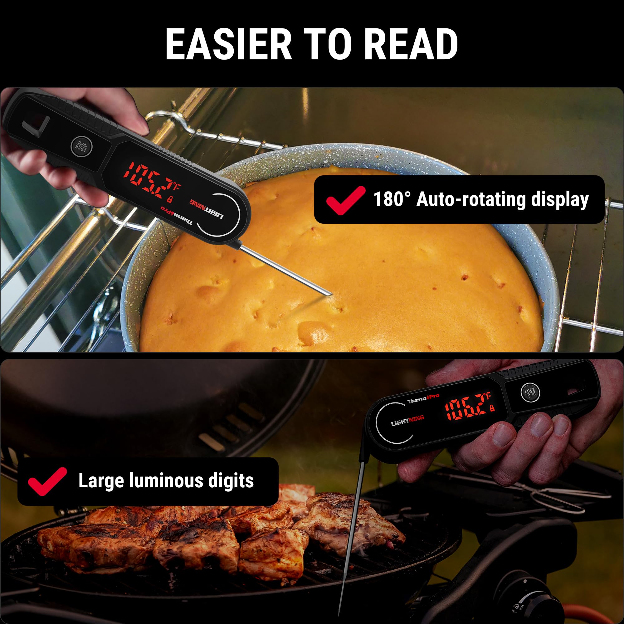 ThermoPro Lightning One-Second Instant Read Meat Thermometer, Calibratable Kitchen Food Thermometer with Ambidextrous Display, Waterproof Cooking Thermometer for Oil Deep Fry Smoker BBQ Grill