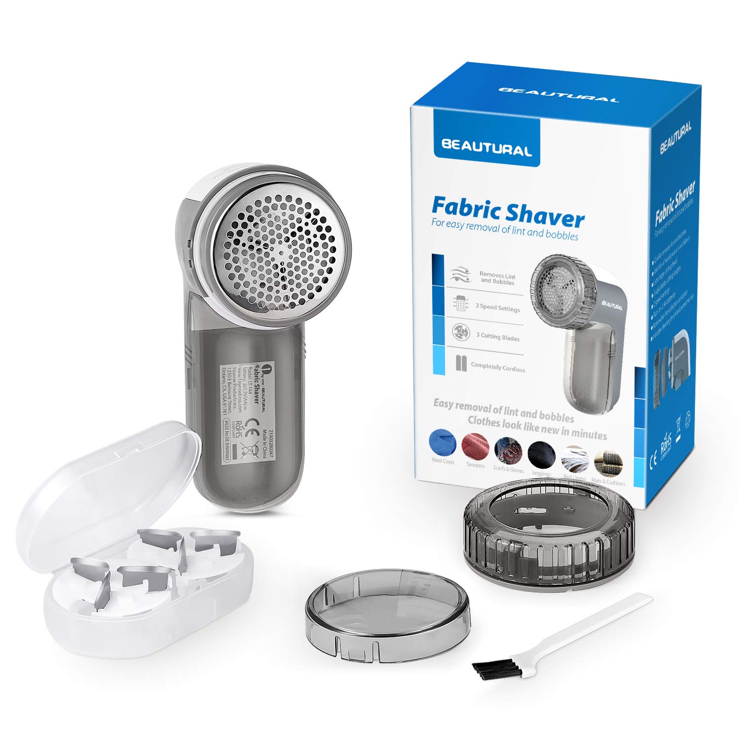 BEAUTURAL Fabric Shaver and Lint Remover, Sweater Defuzzer with 2-Speeds, 2 Replaceable Stainless Steel Blades, Battery Operated, Remove Clothes Fuzz, Lint Balls, Pills, Bobbles