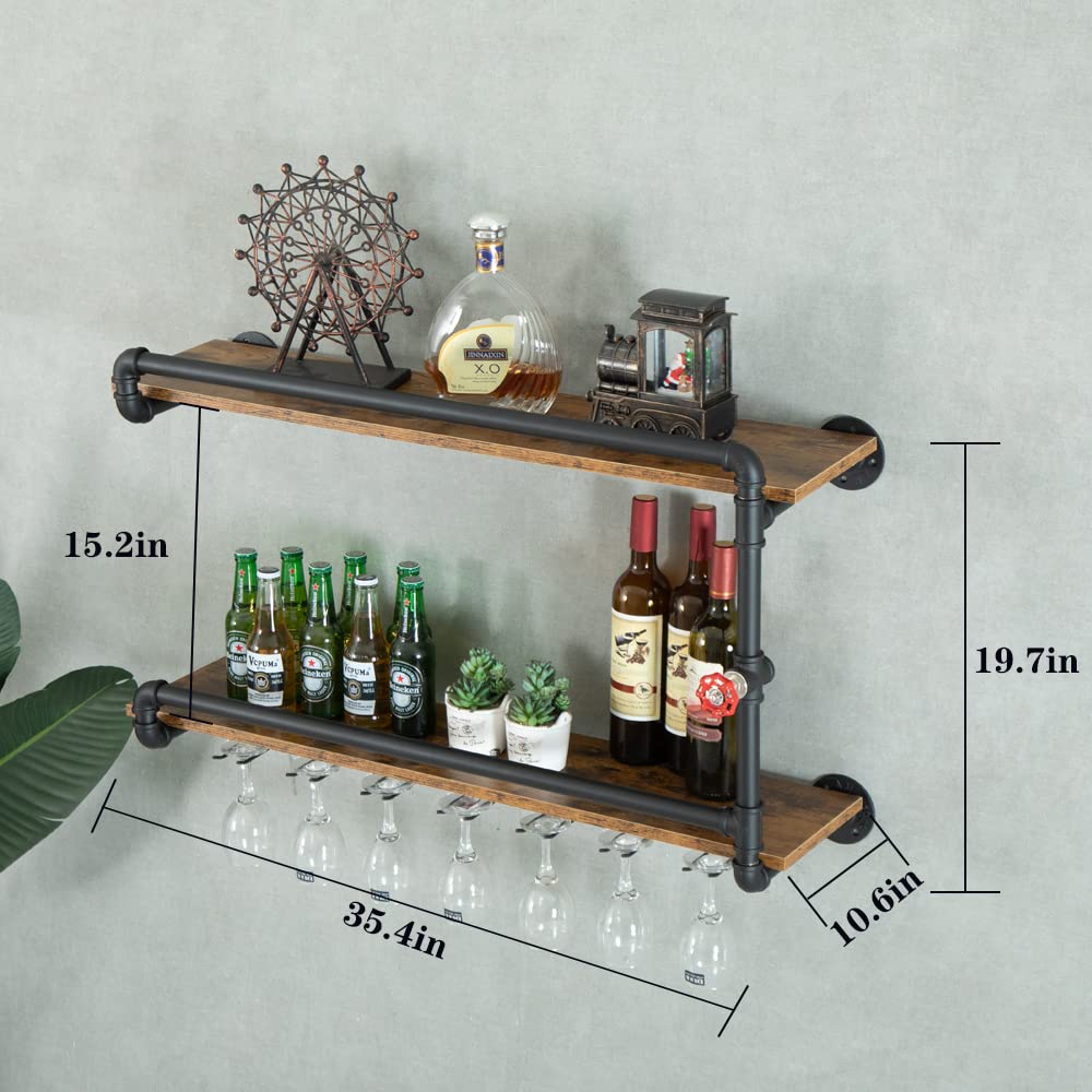 BOTAOYIYI Wine Rack Wall Mounted 2 Tier, Hanging Floating Bar Liquor Shelves with Glass Holder Storage Under, Industrial Rustic Pipe Farmhouse Kitchen Decor Black(35.4x10.6x19.7)