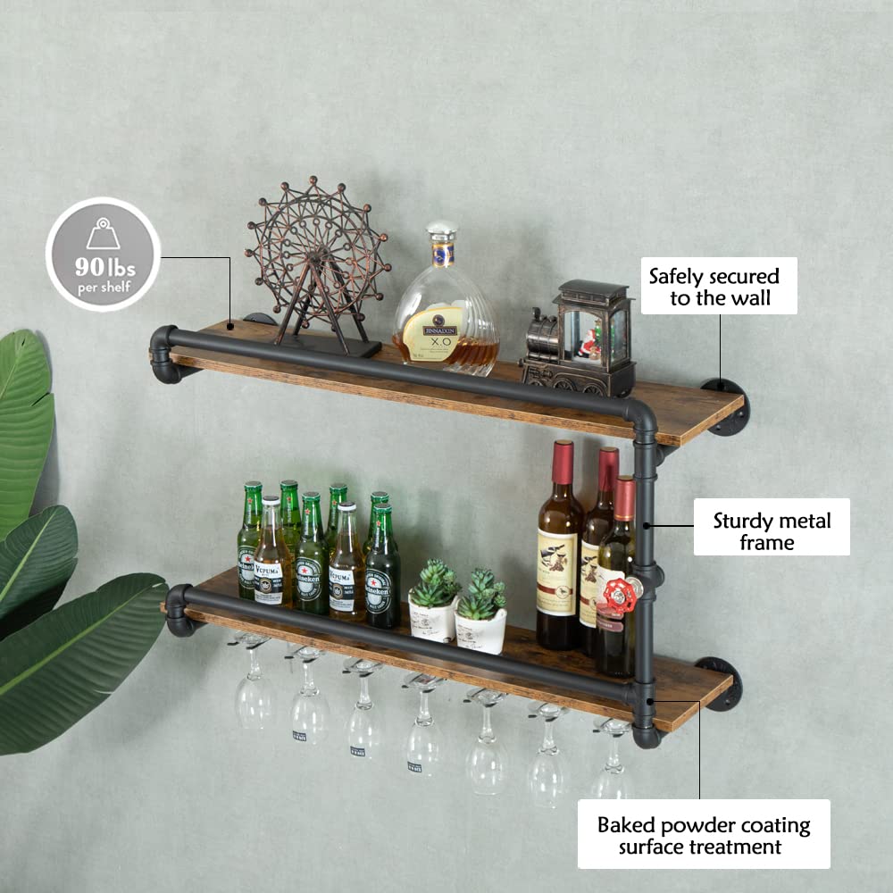 BOTAOYIYI Wine Rack Wall Mounted 2 Tier, Hanging Floating Bar Liquor Shelves with Glass Holder Storage Under, Industrial Rustic Pipe Farmhouse Kitchen Decor Black(35.4x10.6x19.7)