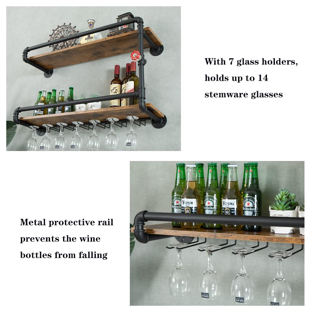BOTAOYIYI Wine Rack Wall Mounted 2 Tier, Hanging Floating Bar Liquor Shelves with Glass Holder Storage Under, Industrial Rustic Pipe Farmhouse Kitchen Decor Black(35.4x10.6x19.7)