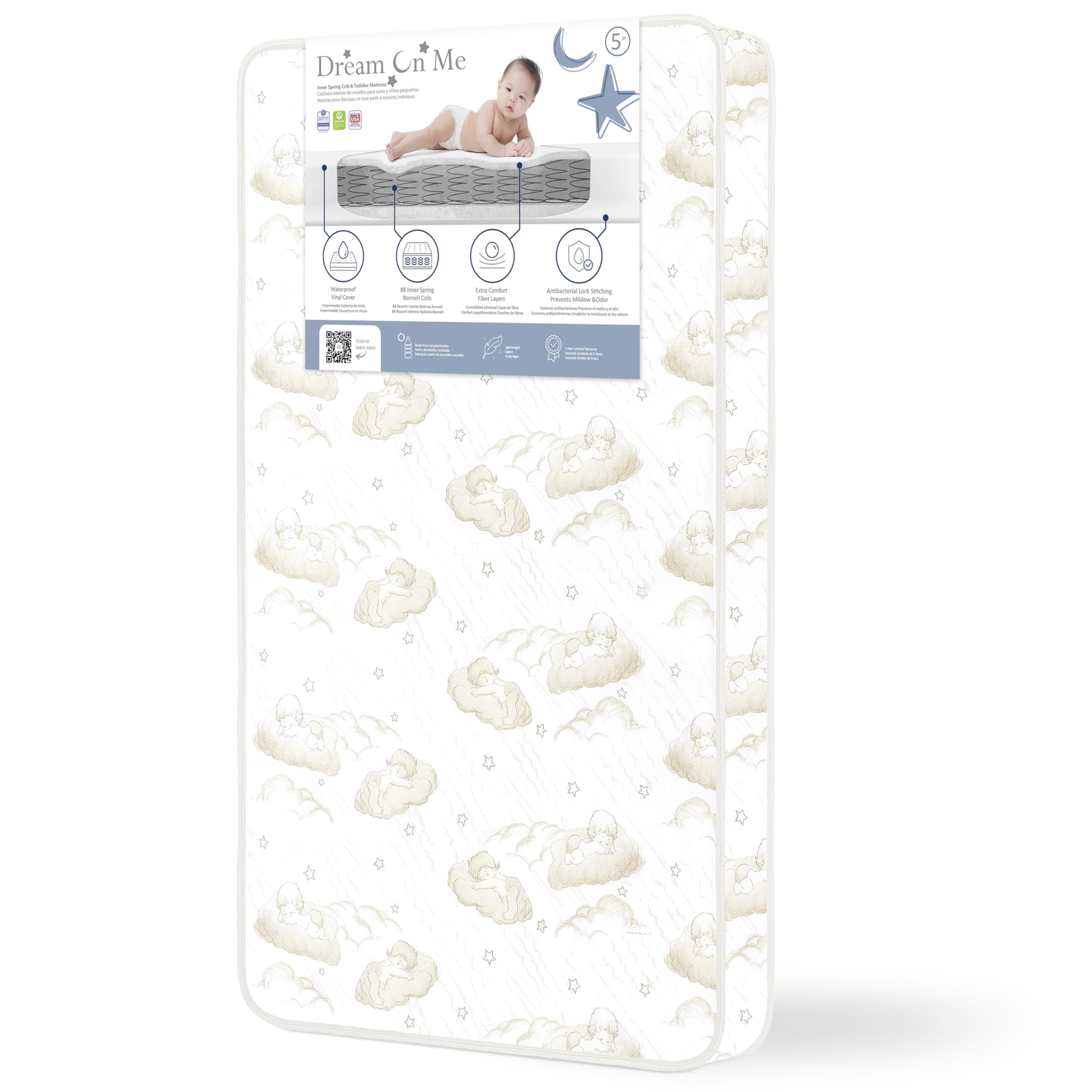 Dream On Me Twilight 5” 88 Coil Inner Spring Crib And Toddler Mattress, Greenguard Gold Certified, 10 Year Limited Warranty, Waterproof Vinyl Cover, Made In The U.S.A, Support And Comfort