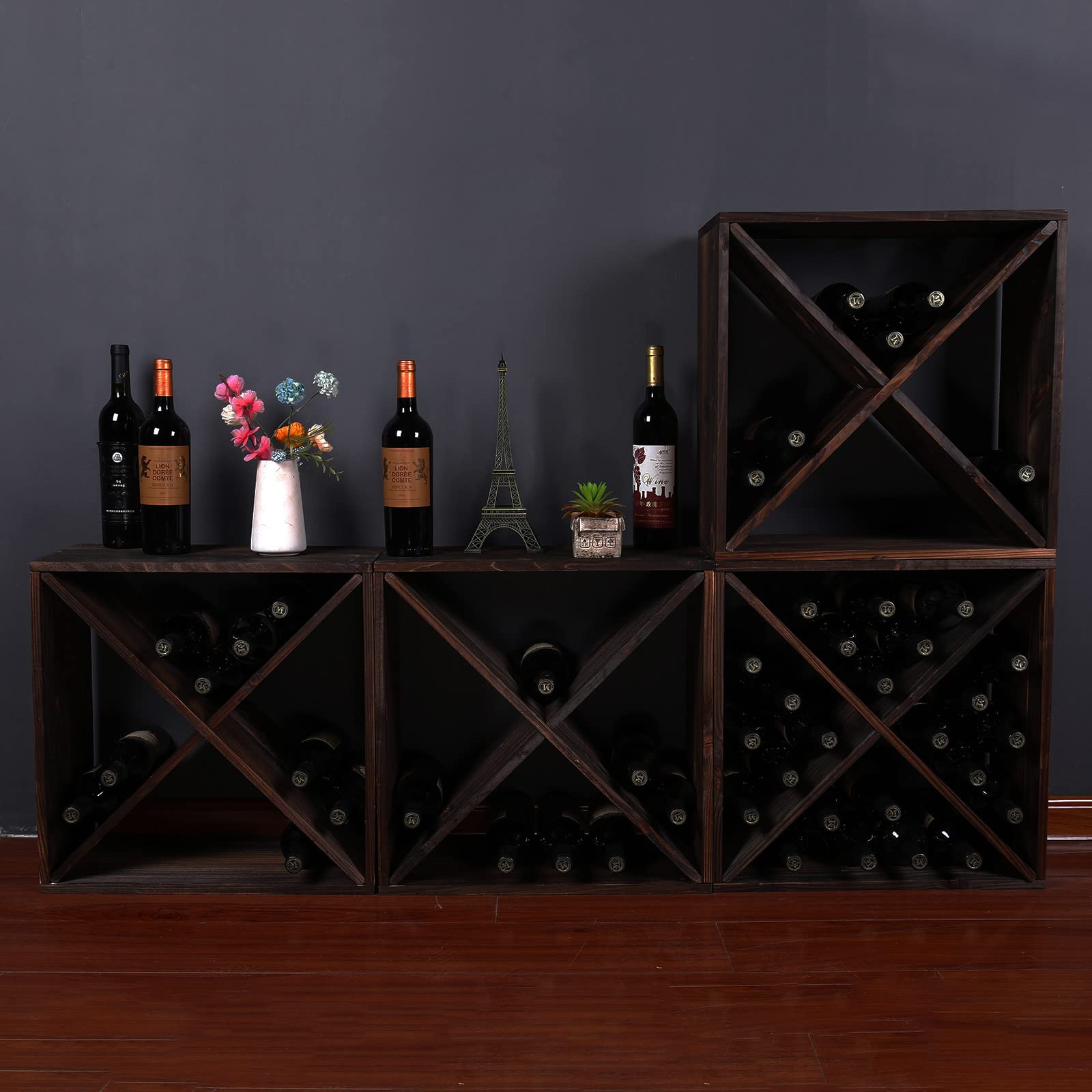 fdjamy Wine Rack countertop Wooden Stackable Storage Rustic Retro Style Cube 24-Bottle Wooden Wine Rack Wine Cabinet (Dark Brown)
