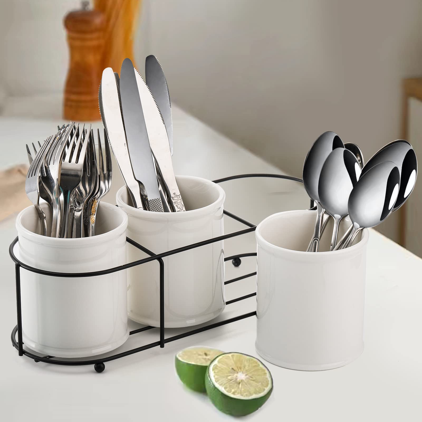 Bekith 3-Piece Ceramic Silverware Caddy with Metal Rack, Utensil Holder Flatware Caddy Cutlery Storage Organizer for Kitchen Table, Cabinet or Pantry