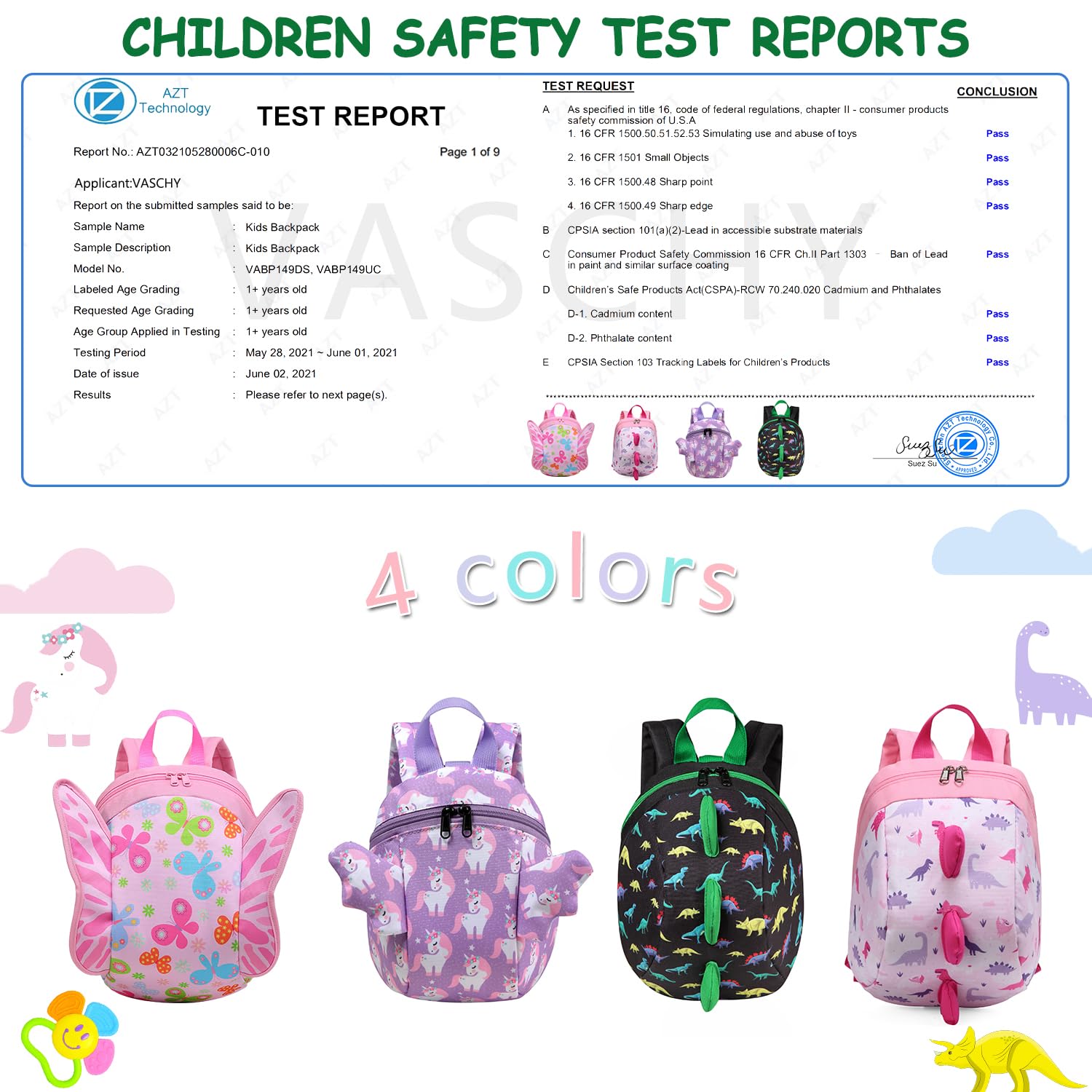 VASCHY Mini Toddler Backpack with Leash, Ultra Lightweight Tiny Little Daycare Backpack Boys Dinosaur