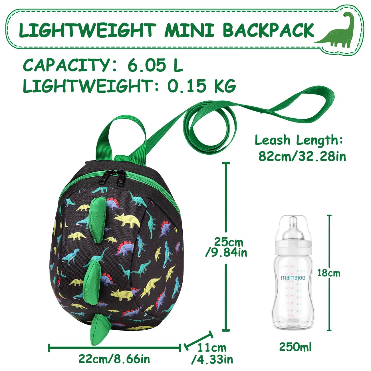 VASCHY Mini Toddler Backpack with Leash, Ultra Lightweight Tiny Little Daycare Backpack Boys Dinosaur