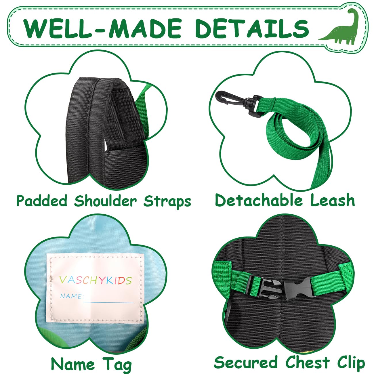 VASCHY Mini Toddler Backpack with Leash, Ultra Lightweight Tiny Little Daycare Backpack Boys Dinosaur
