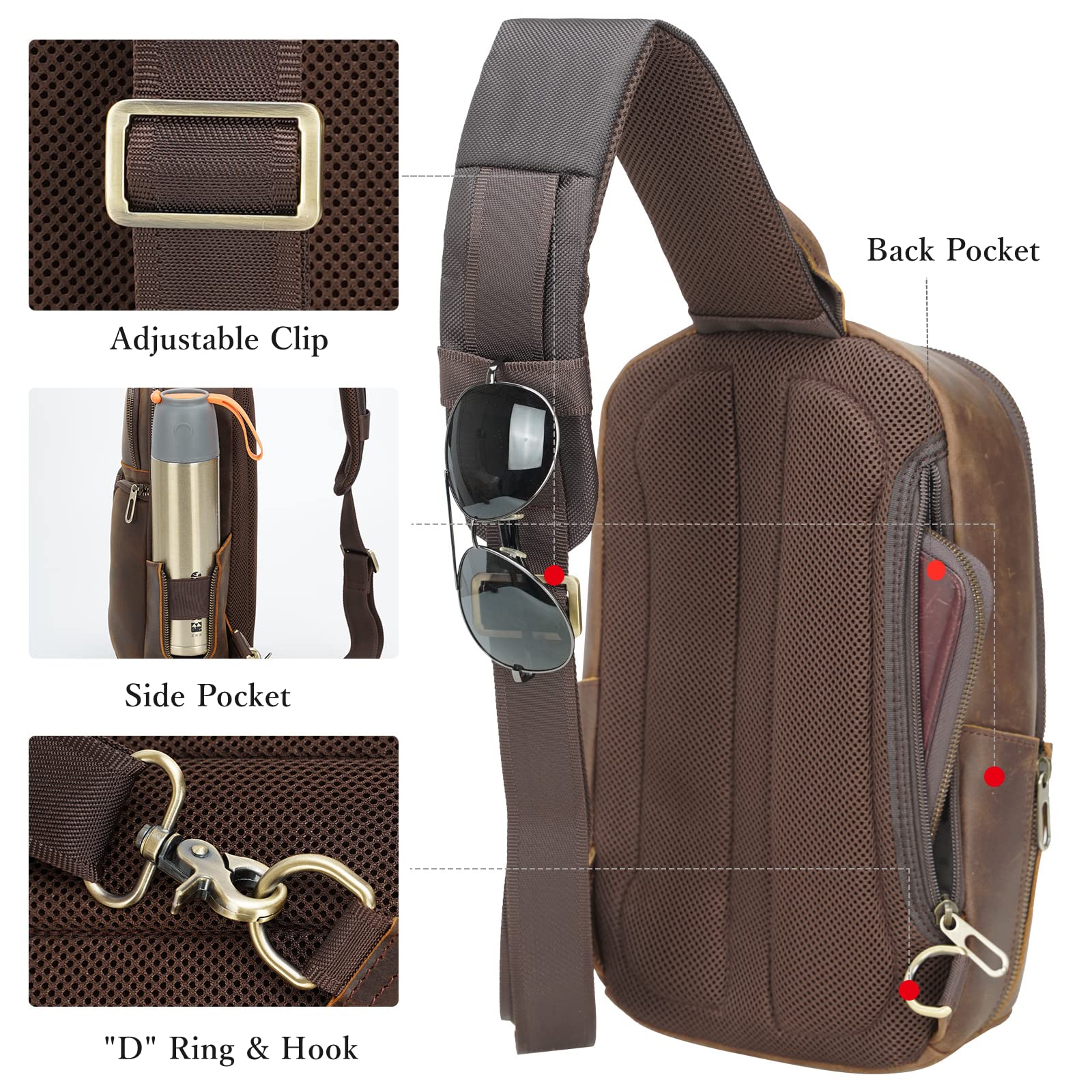 Masa Kawa Full Grain Leather Sling Crossbody Backpack Bags for Men Fits 9.7” Tablet Small Hiking Travel Shoulder Daypack Chest Bag, Vintage Brown